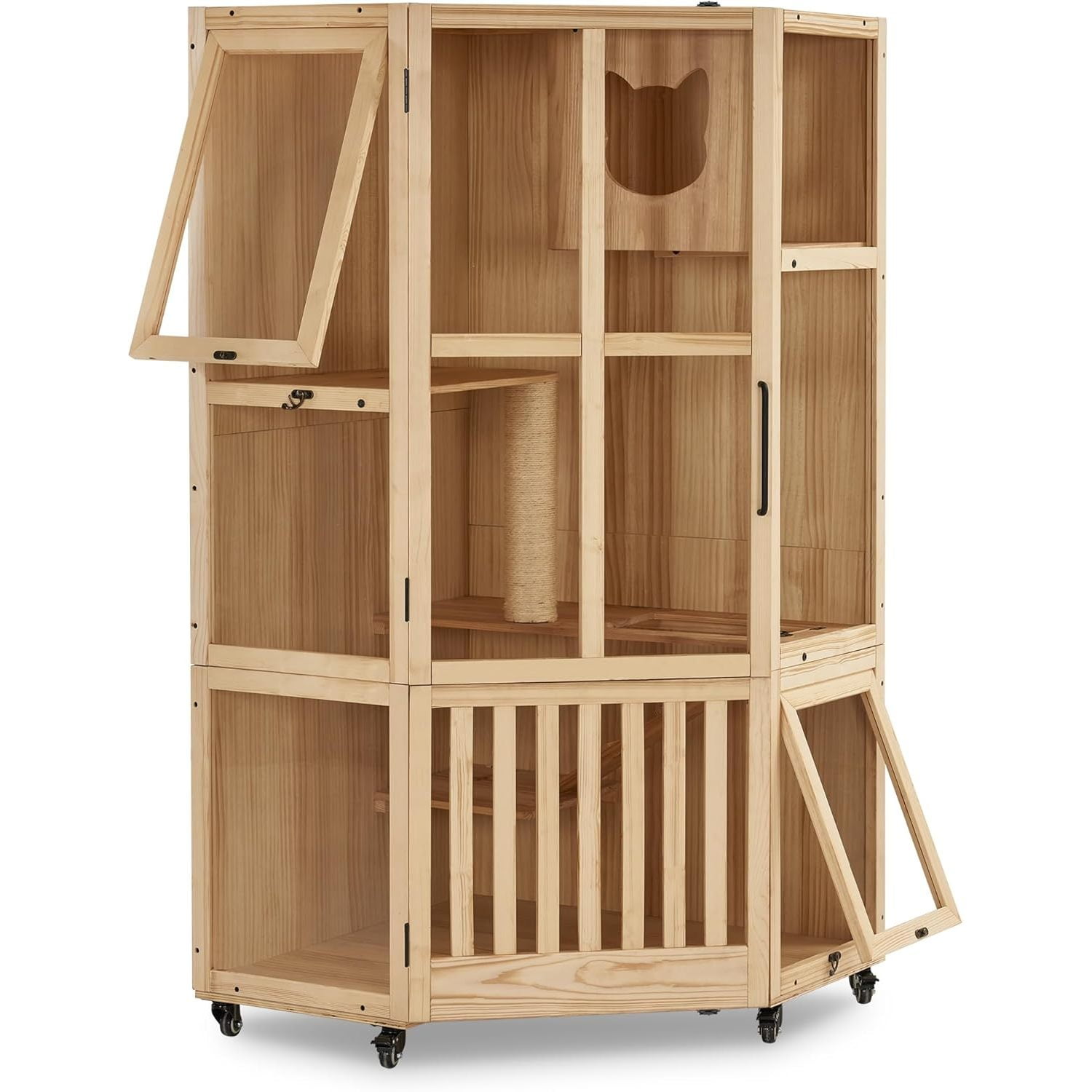 MCombo Large Corner Cat House Villa, Wooden Indoor Cat Enclosure with ...