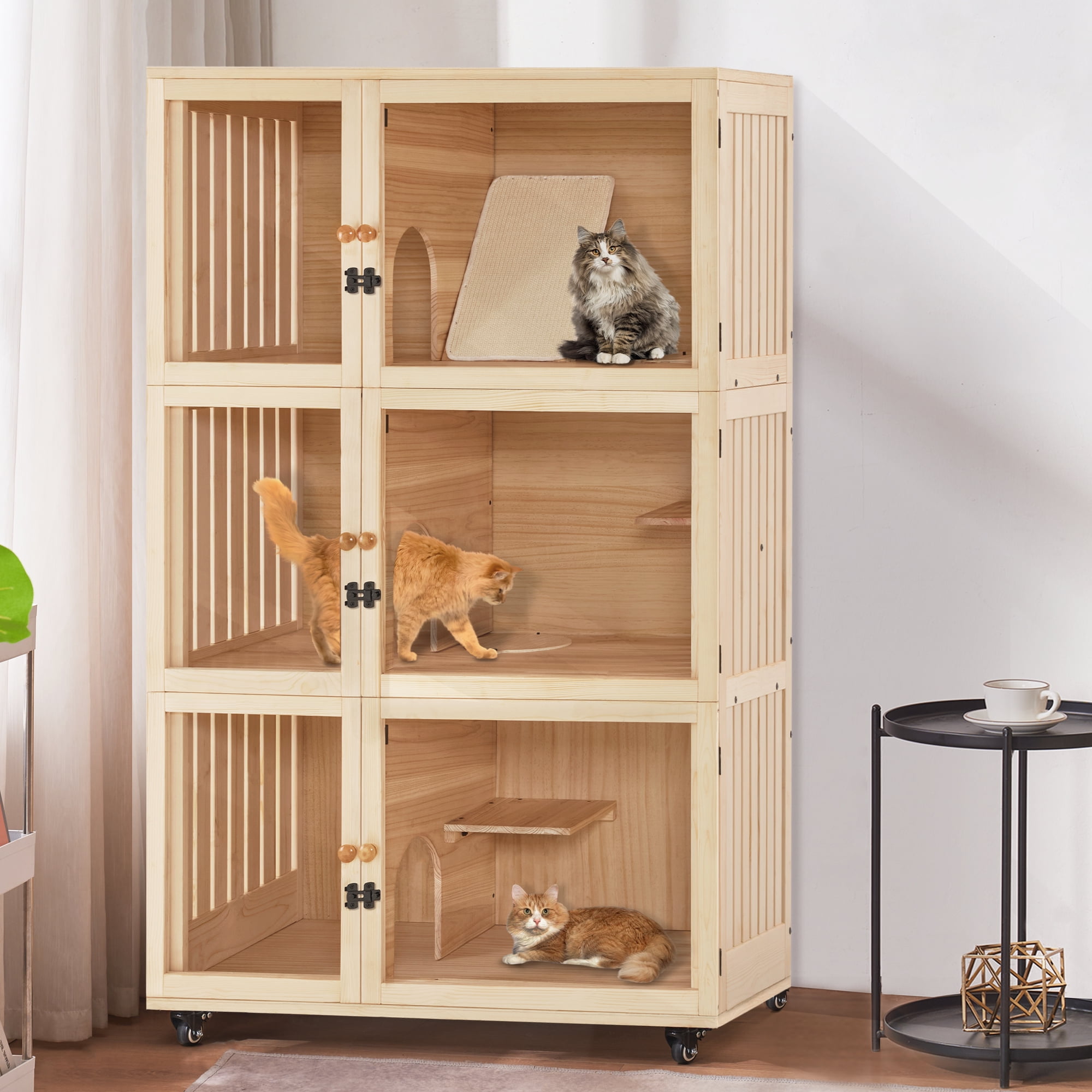 MCombo Large Wooden Cat House Villa, Luxury Triple Cat Condo with ...