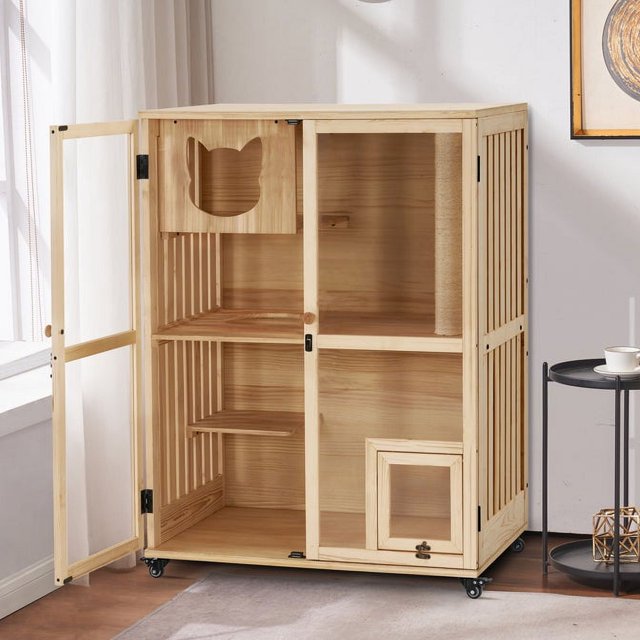 MCombo Luxury Large Wood Cat House Condo, Indoor Cat Enclosure with ...