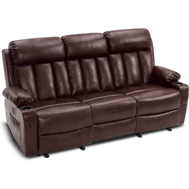 MCombo Dark Brown Faux Leather Dual Recliner Sofa w/ Heat, Massage, USB ...