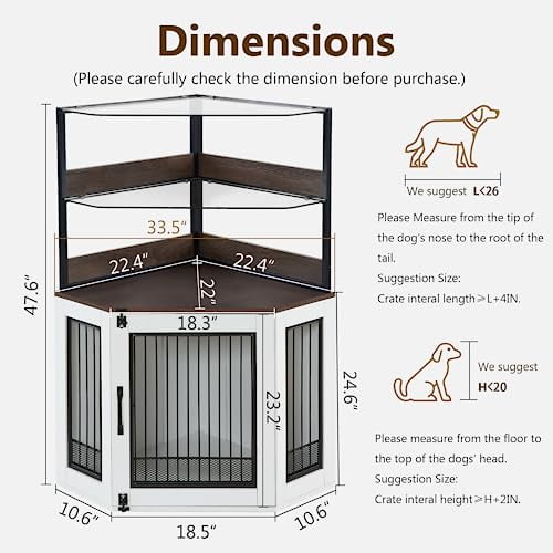 MCombo Small Corner Dog Crate Furniture with Glass Shelves, Wooden Dog ...