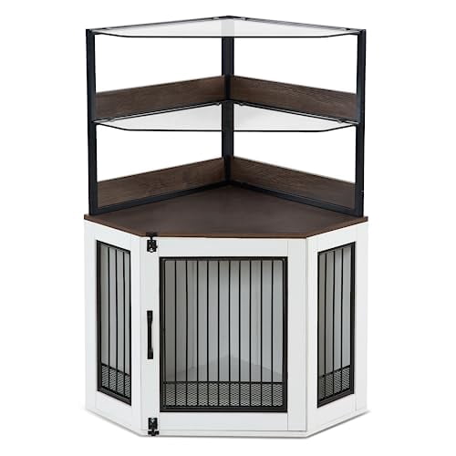 MCombo Small Corner Dog Crate Furniture with Glass Shelves, Wooden Dog ...