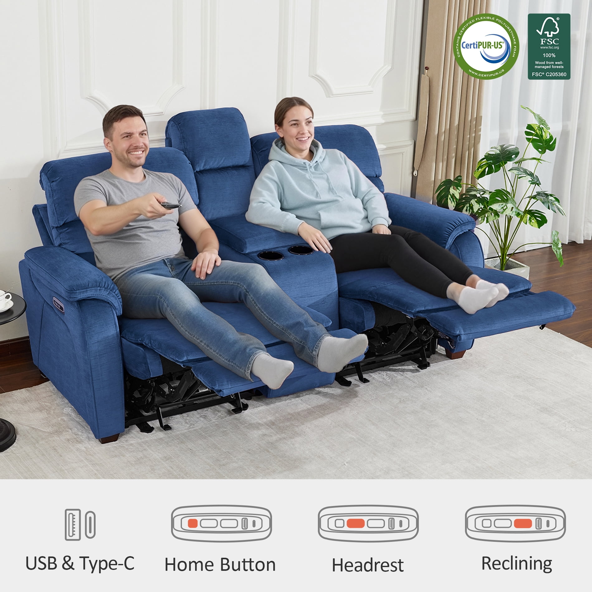 MCombo Zero Wall Hugger Power Recliner Loveseat with Console for Living ...