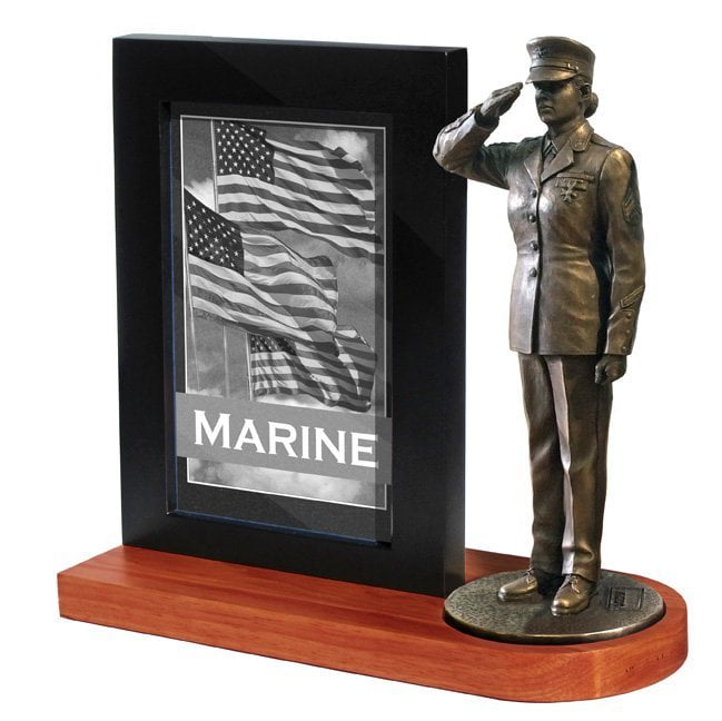 MD107W Female Marine Salute Statue W/Photo Frame & Cherry Wood Base ...