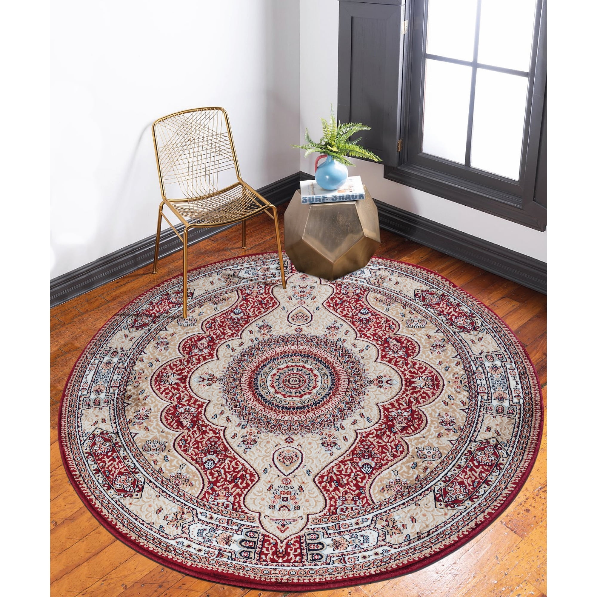 MDA Rugs Prime Collection Border Area Rug Red/Cream 8'1'' Round 8 ...