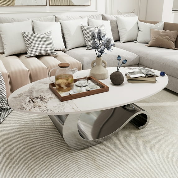 MDAQMD 49.2"Oval Marble Coffee Table, with Stainless Steel Base Modern ...
