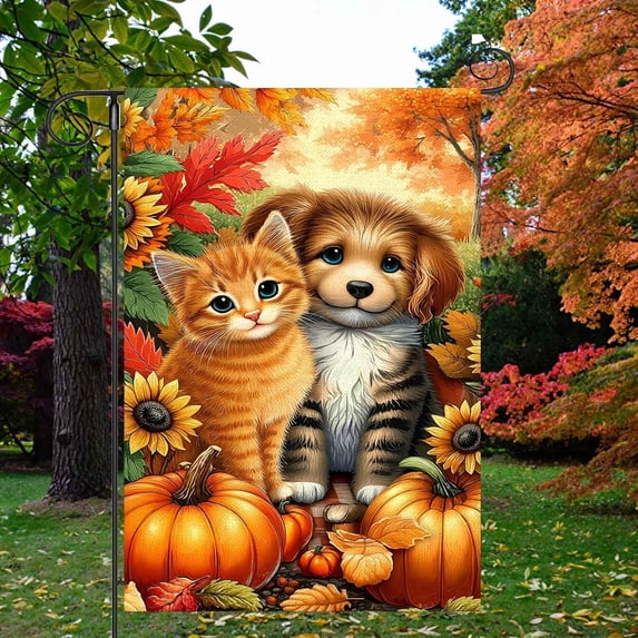 MDDGKH- Cute Cat Dog Garden Flag 12x18 Inch Autumn Leaves Pumpkin ...