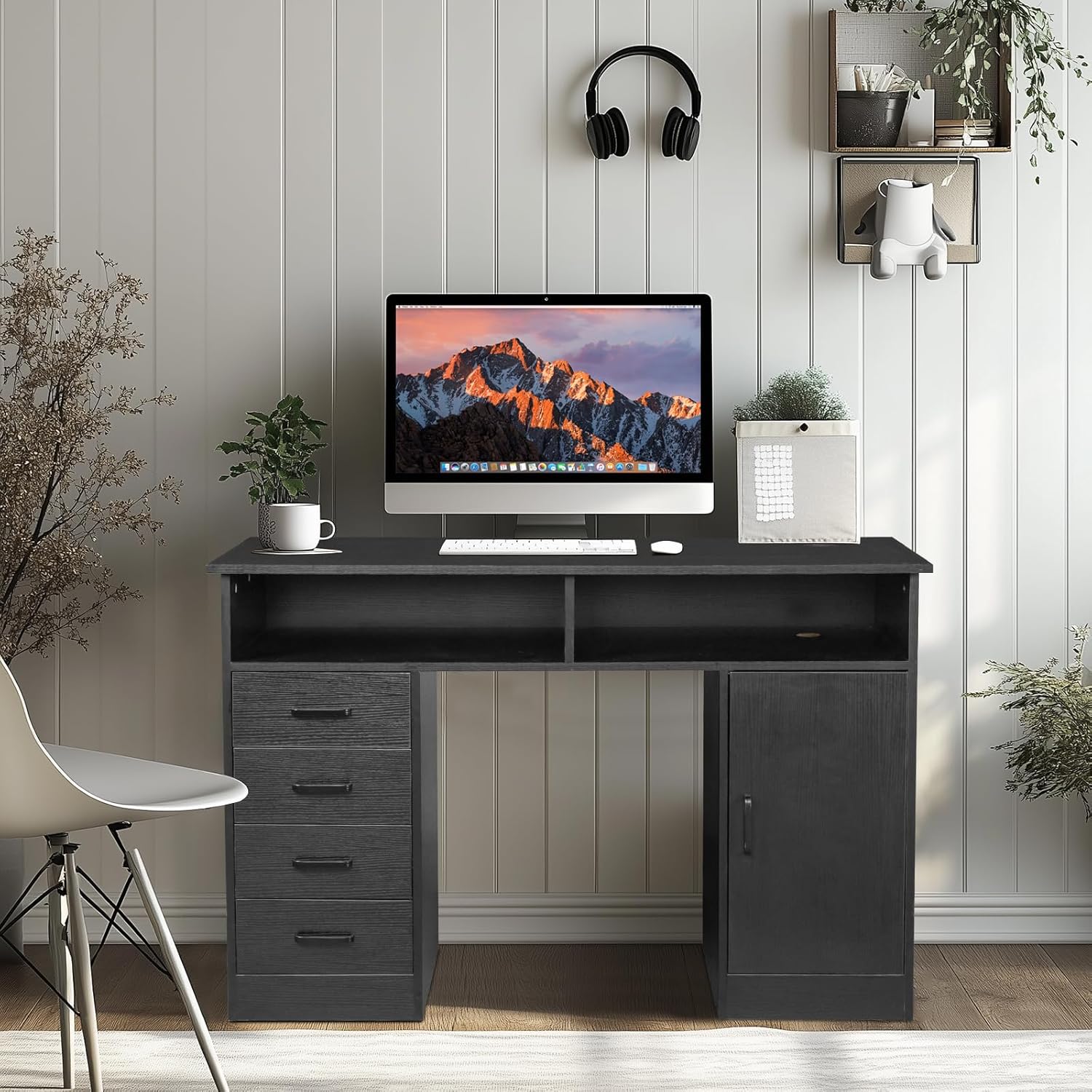 MDF Computer Desk with 4 Drawers and A Storage Cabinet White Home ...