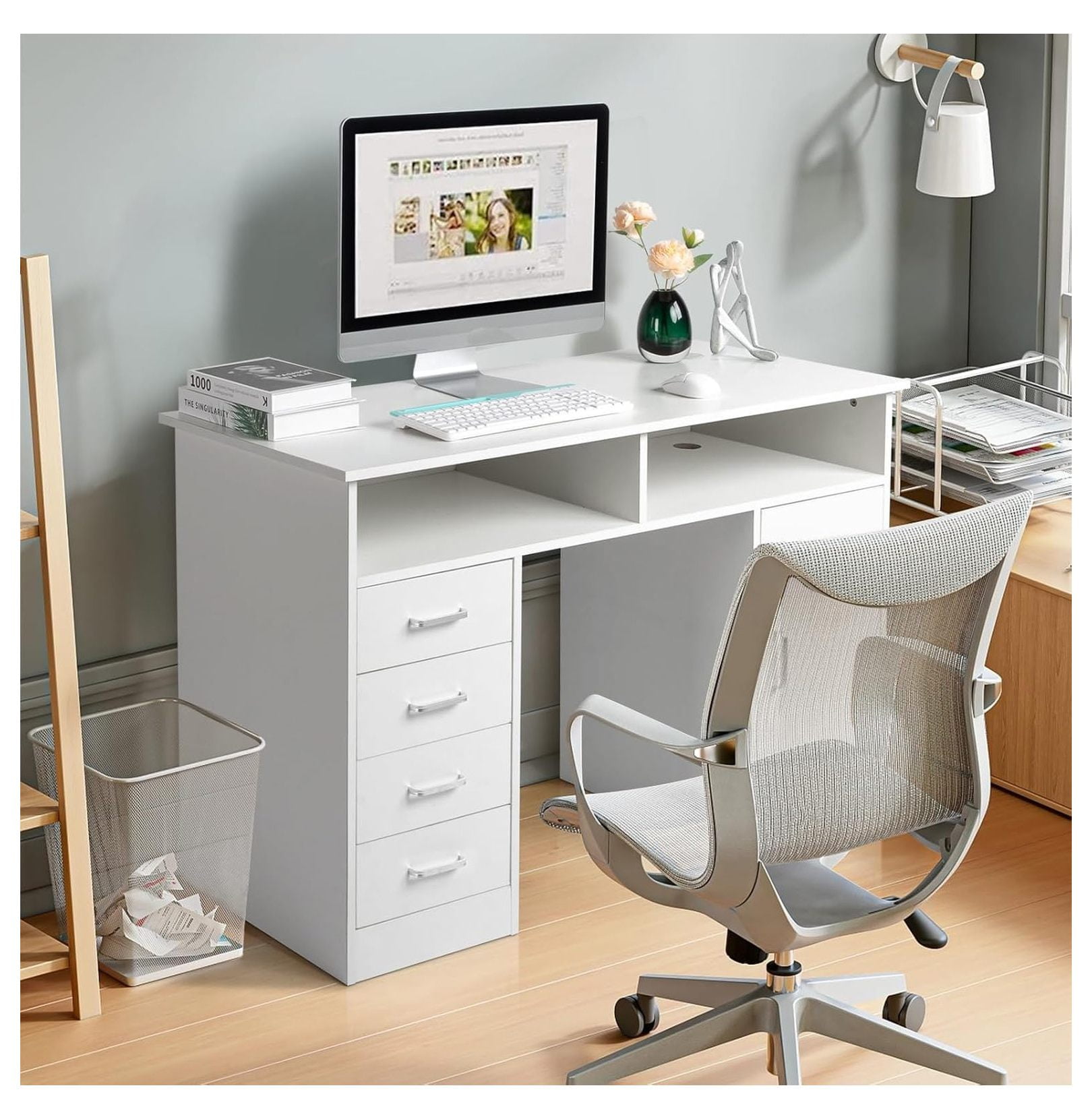 MDF Computer Desk with 4 Drawers and A Storage Cabinet, White Home ...