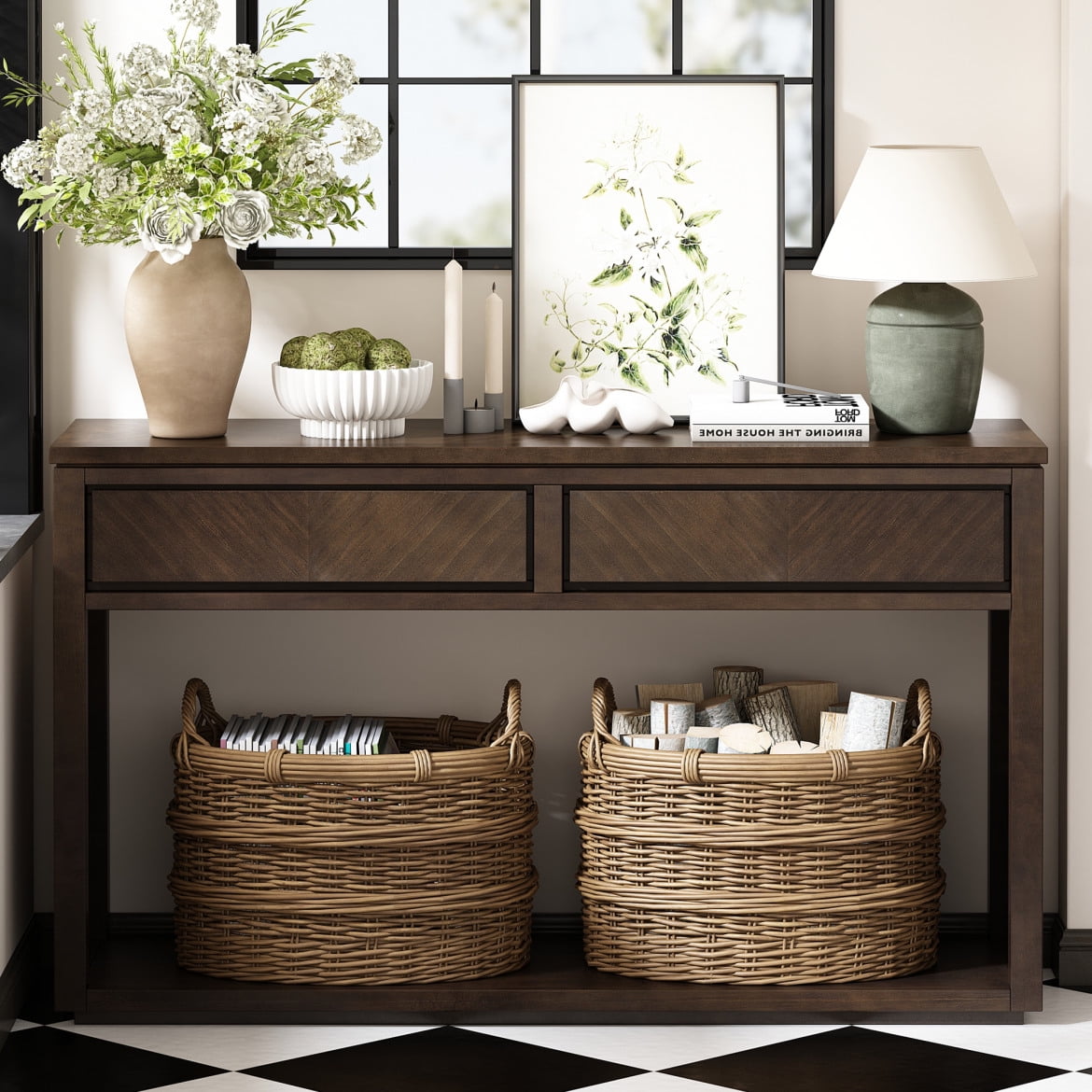 MDF Console Table with Drawers, Chevron Design Entryway Sofa Table ...