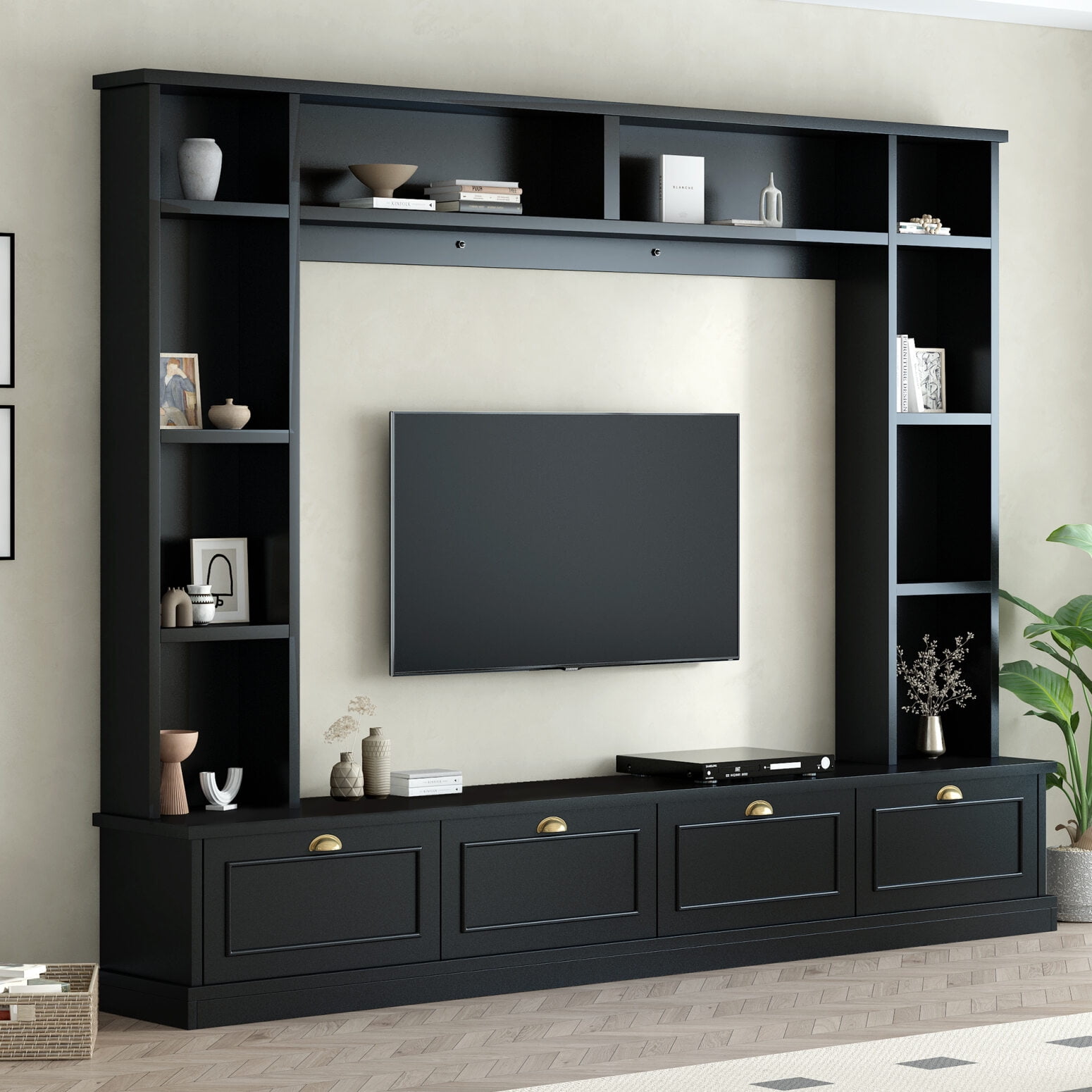 MDF Entertainment Wall Unit with 3 Bookshelves, 8 Display Cabinets and ...