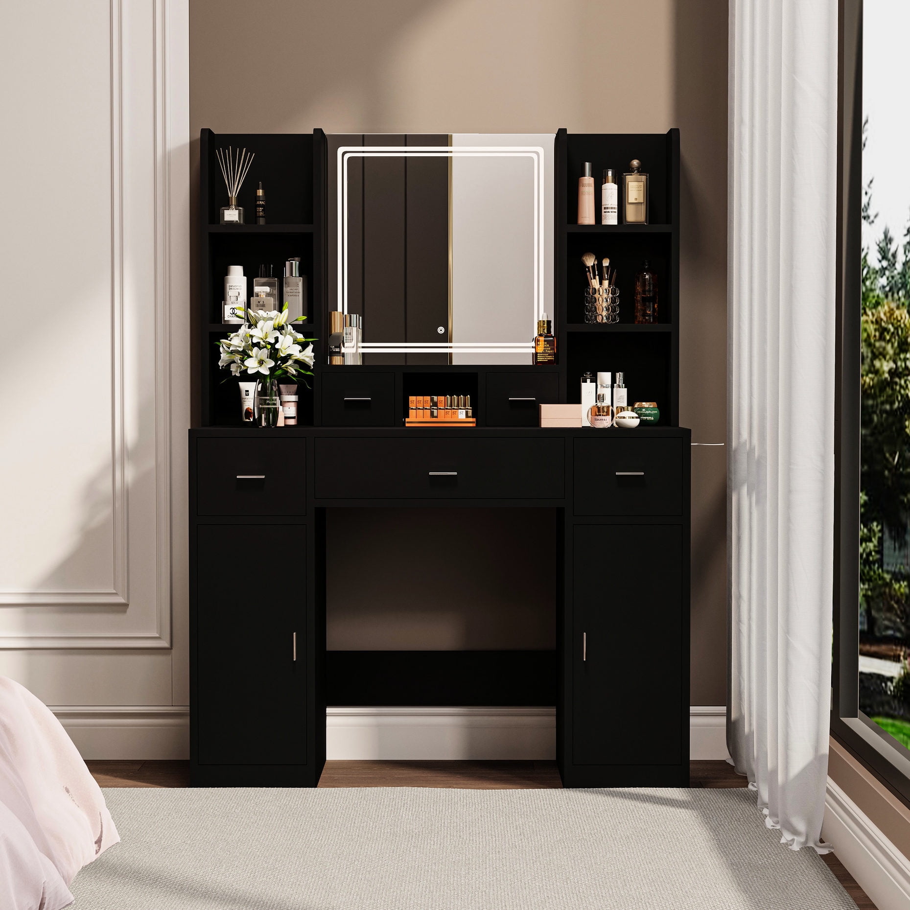 MDF+Glass Makeup Table | Slide Rails Drawers & 2 Hidden Shelves ...