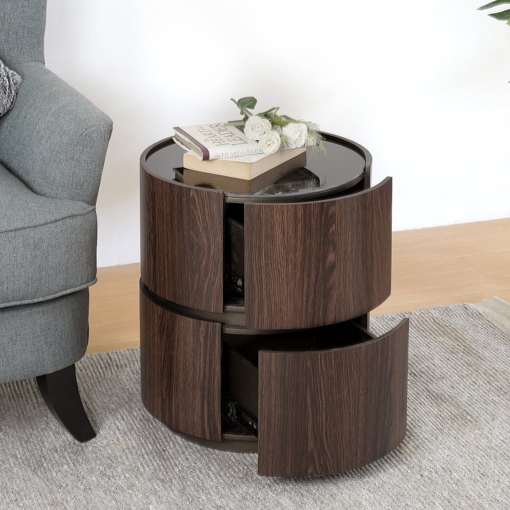 MDF ITALIAN HIGH-GRADE DOUBLE-LAYER STORAGE ROUND SIDE TABLE, BROWN AND ...