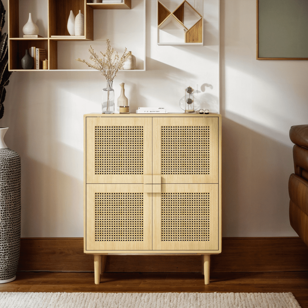MDF Rattan Mesh 4-Door Storage Sideboard with 8 Shelves - Natural ...