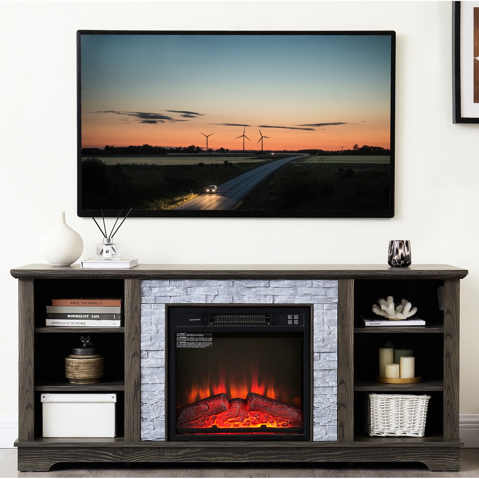 MDF TV Media Fireplace Stand | For 65" TVs, 6 Cable Management Cutouts ...