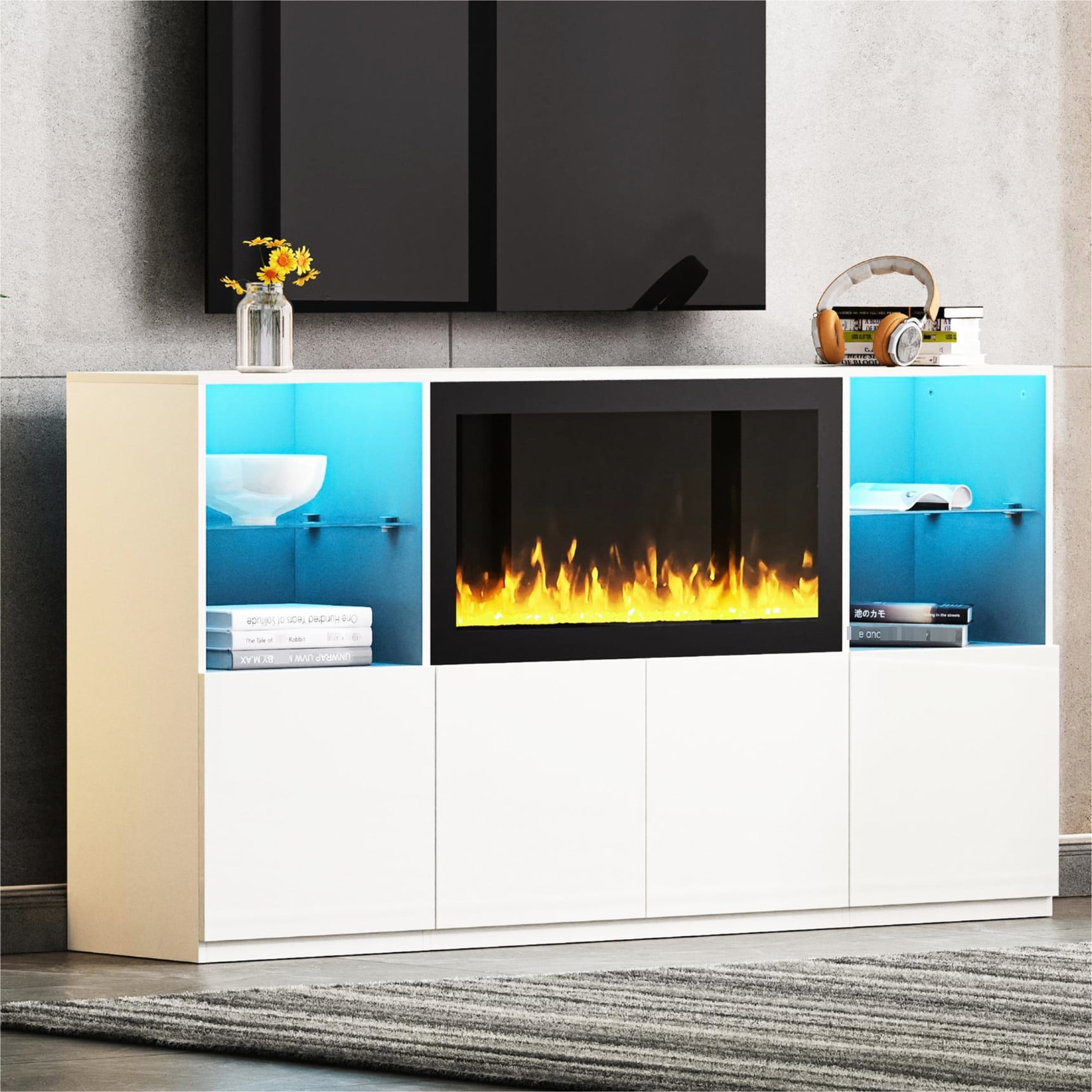 MDF TV Stand with 34.2" Electric Fireplace and Cable - Organizing Holes ...