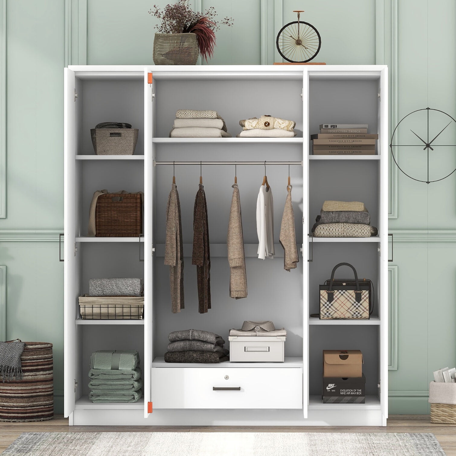 MDF Wardrobe Closet with 3 Top Cabinets and Storage Drawer, 4-Door ...