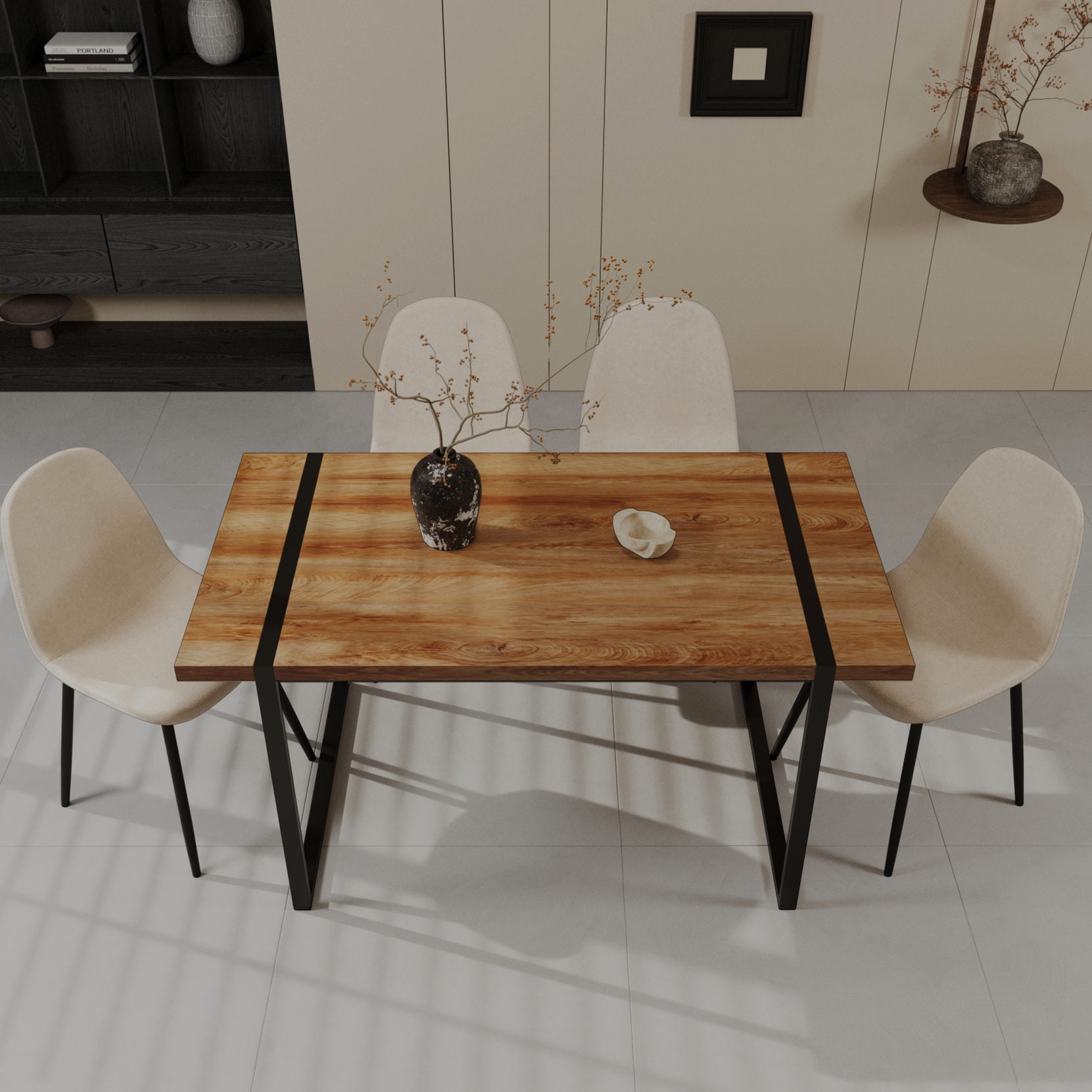 MDF Wood Dining Table and 4 Black Metal Leg Chairs with Padding ...