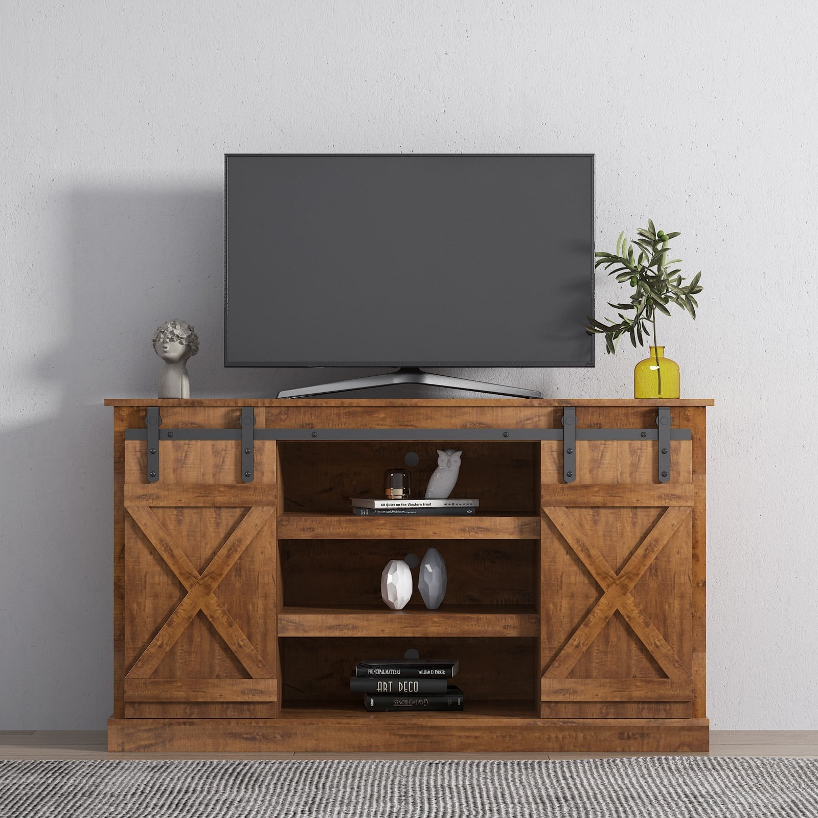 MDF Wood Farmhouse Ranch Rustic Style Sliding Barn Door TV Stand for TV ...