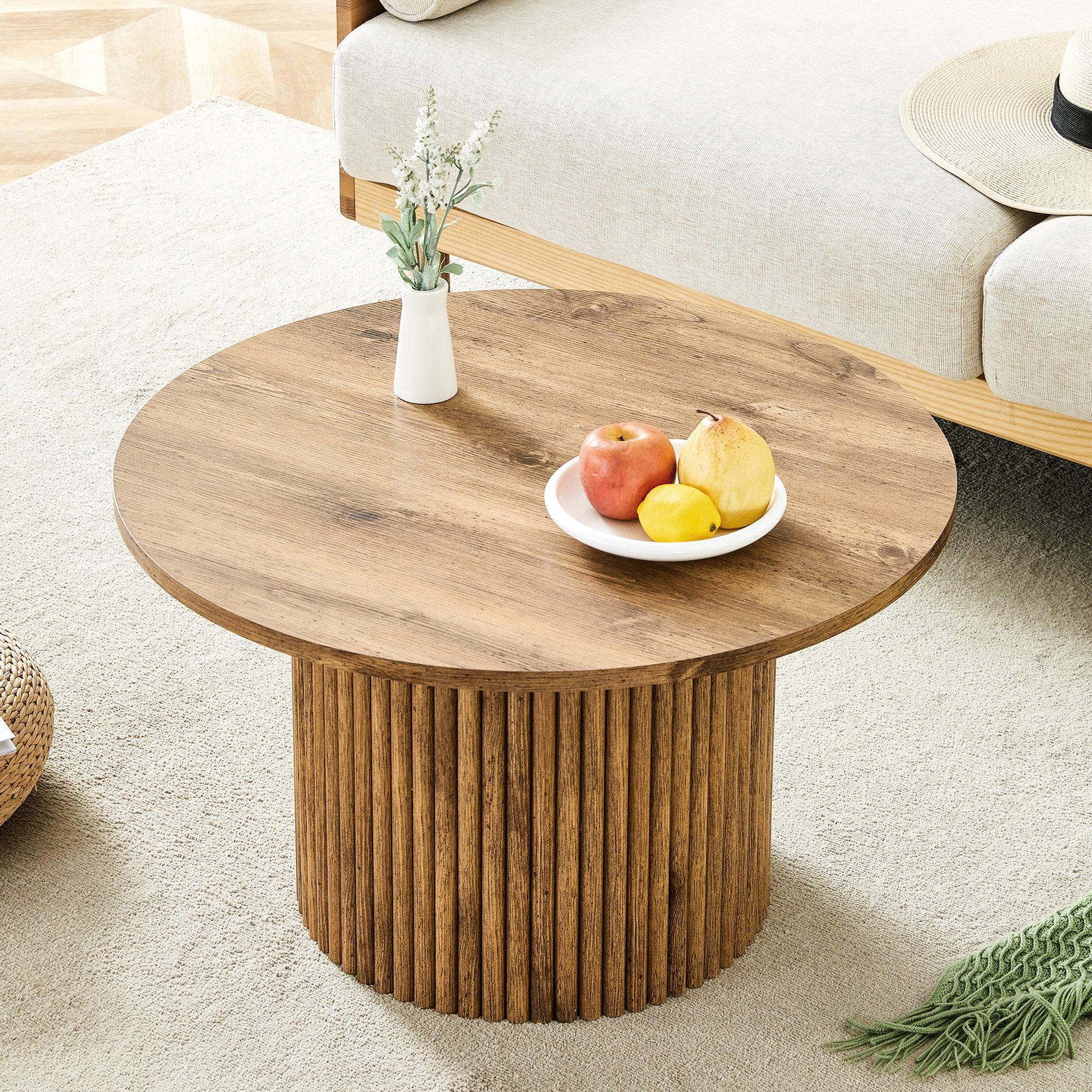 MDF circular coffee table with 16.5 - inch height and vertical striped ...