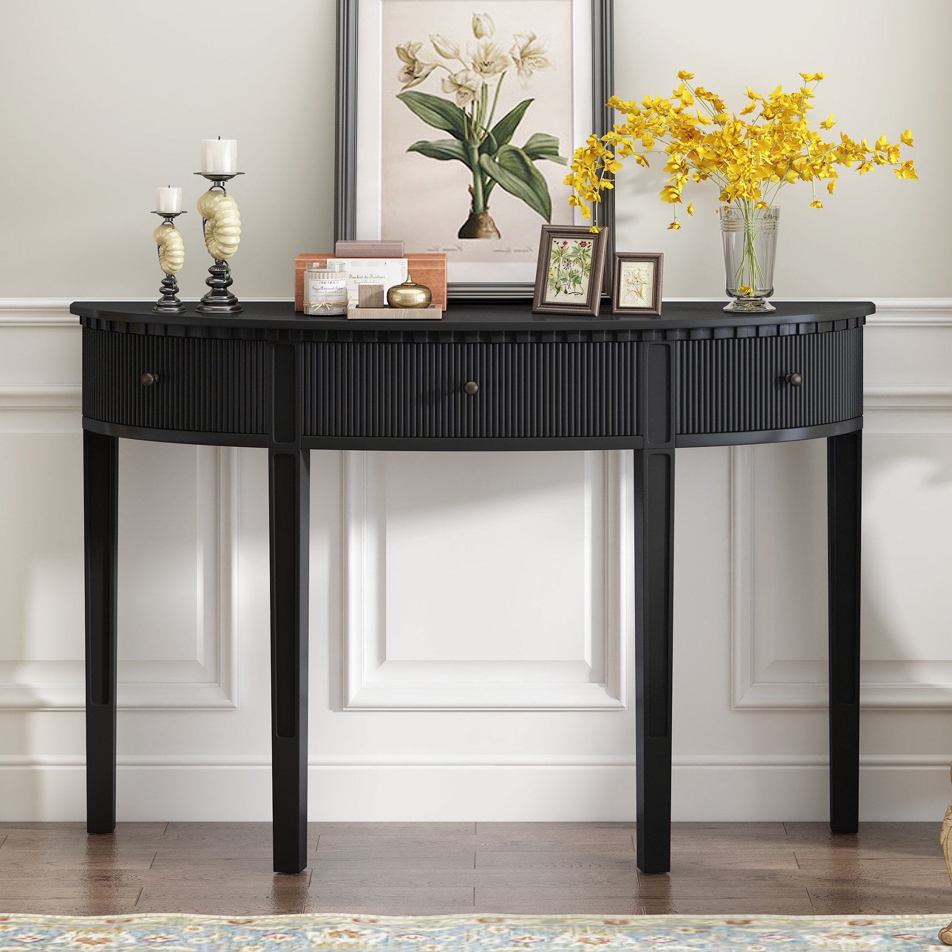 MDF console table featuring vertical stripe design and four pine legs ...