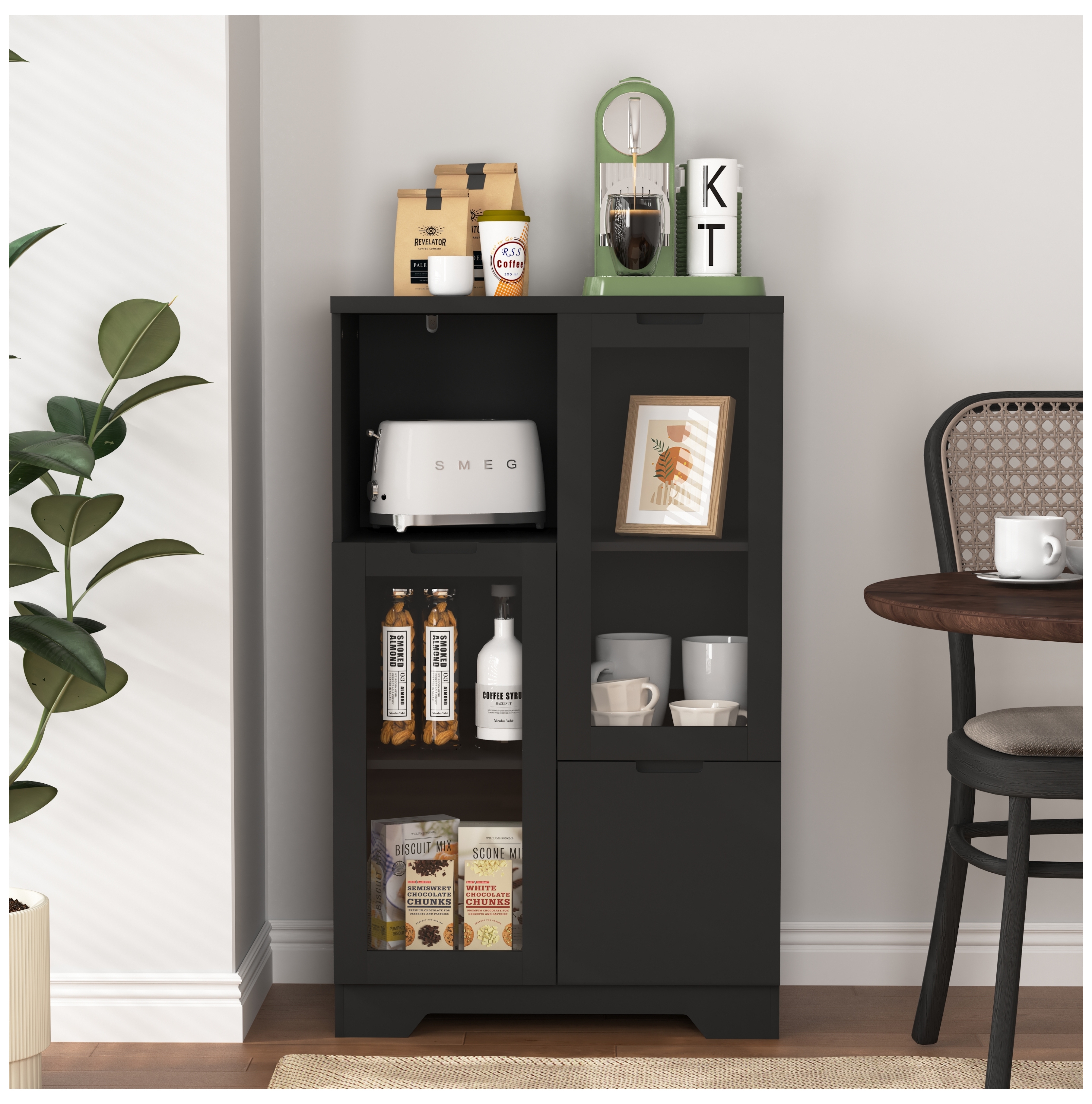MDF painted Cabinet with Glass Doors and drawer, open storage space ...