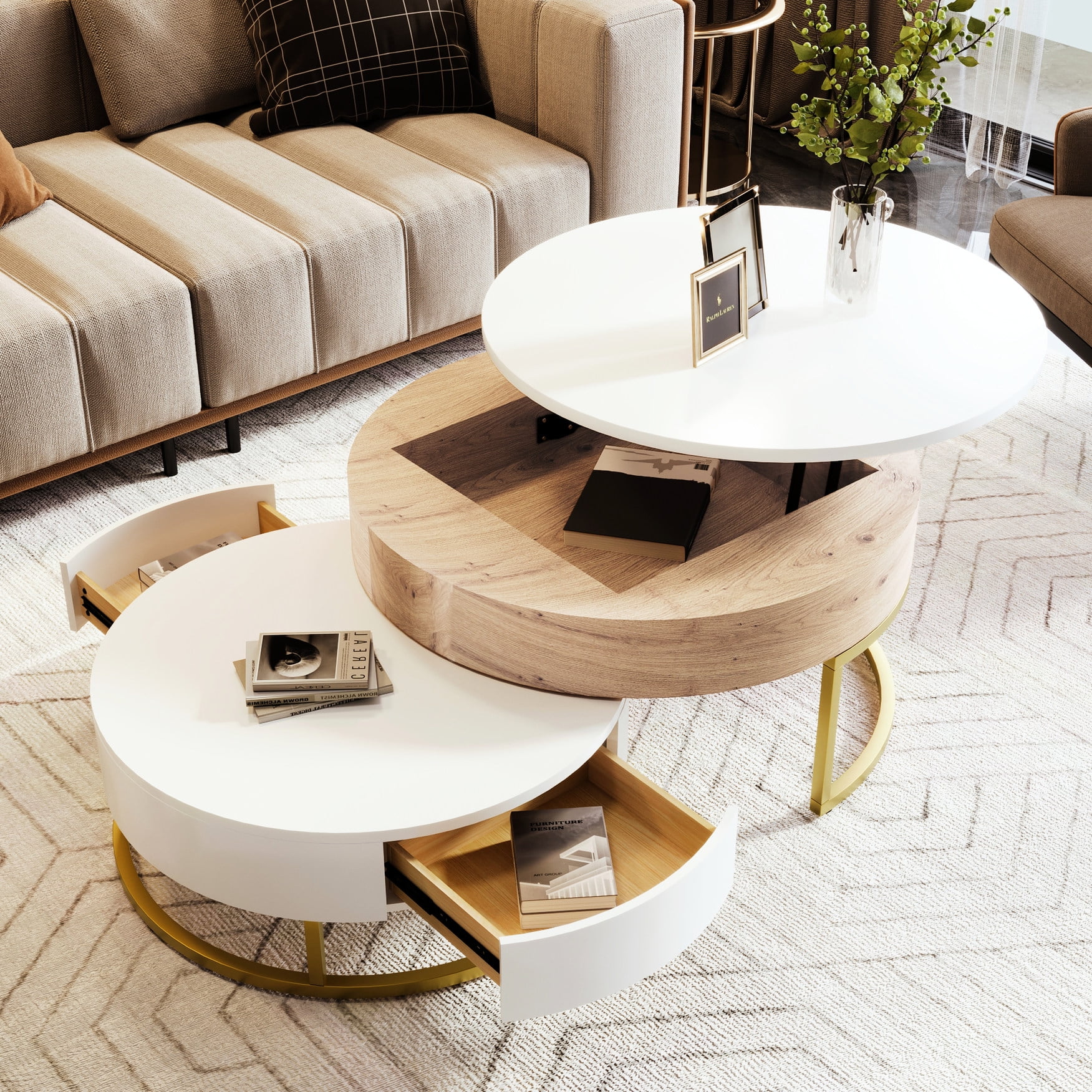 MDF round coffee tables with hydraulic lift and storage for a tidy ...