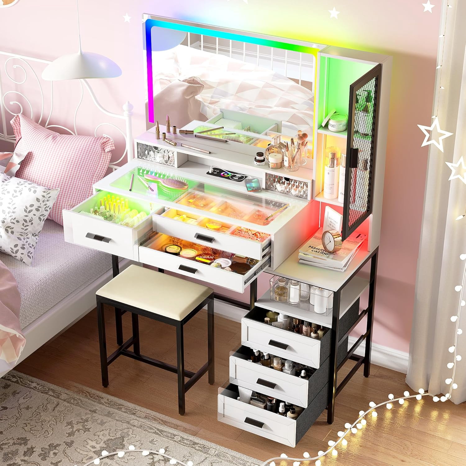 MDGC RGB Vanity Desk with Mirror and Lights, 7 Dynamic & 24 Static ...