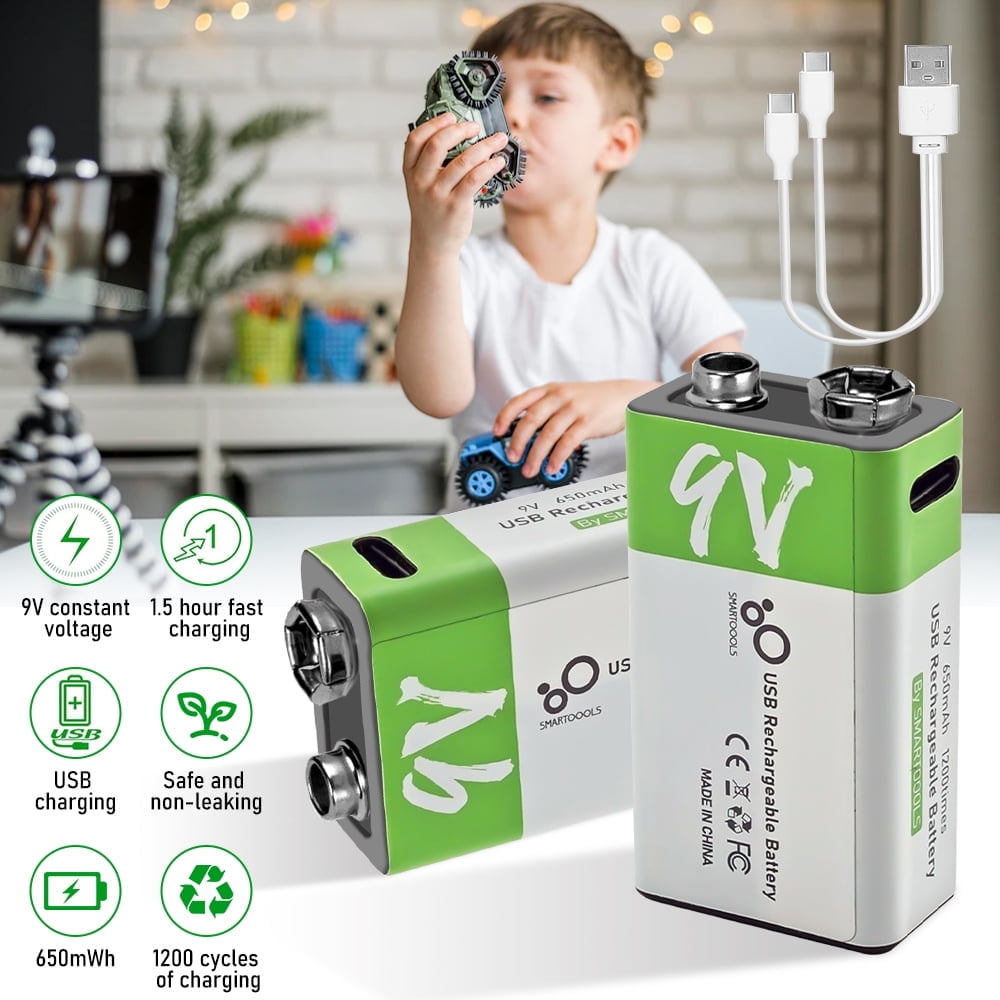 MDHAND 9V Battery, 650mAh Lithium Li-ion Rechargeable Long-lasting ...