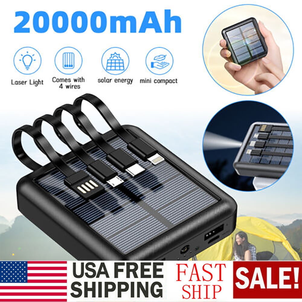 MDHAND 20000mAh Mini Solar Portable Charger with 4 Built-in Cables, USB ...
