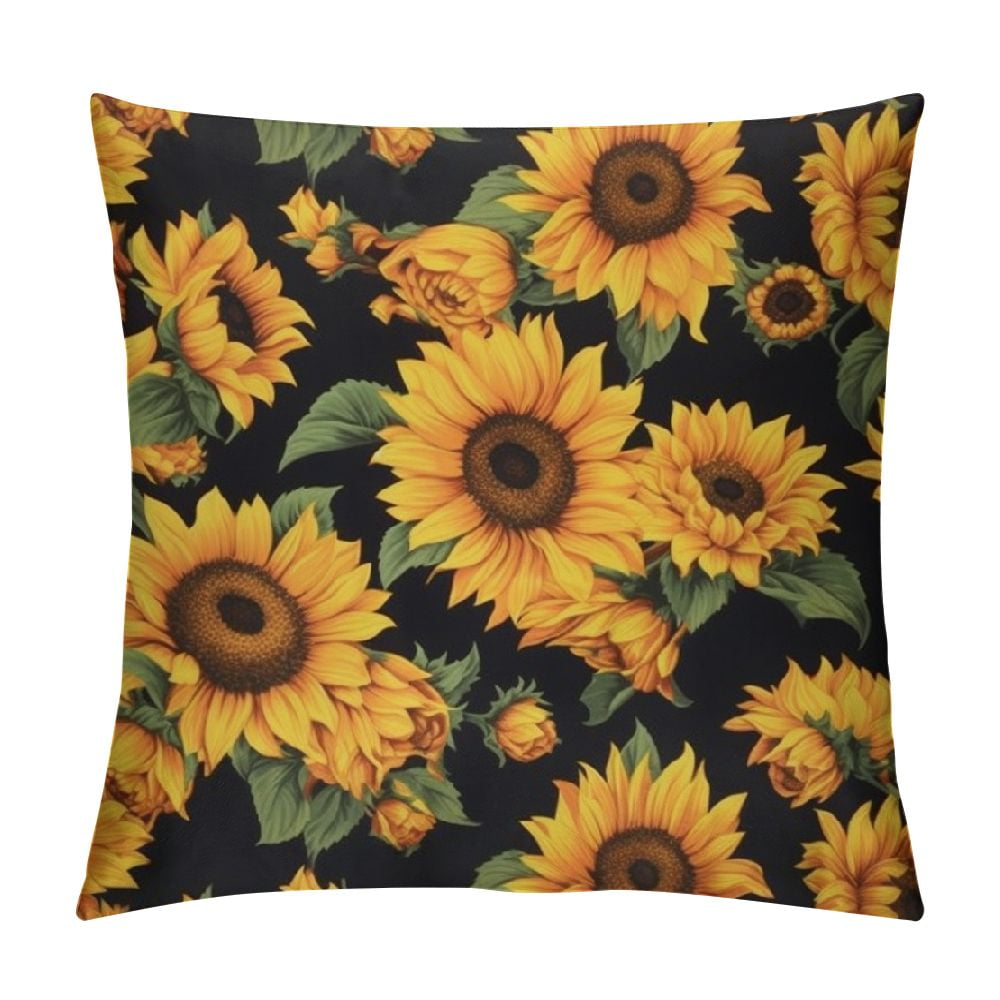 MDO Sunflower Print Flower Floral Black One Throw Pillow with Cover for ...