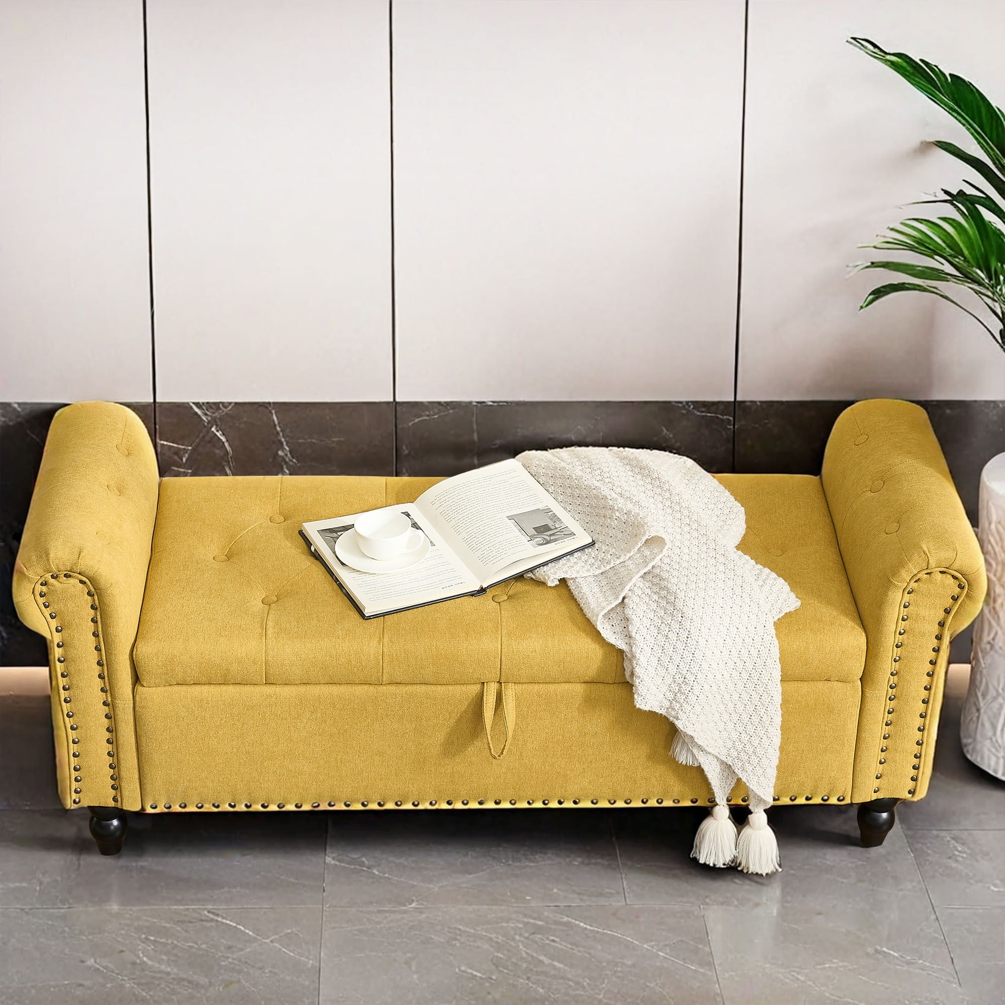 MDQMD 55" Mustard Yellow Linen Storage Bench - Button-Tufted Ottoman ...