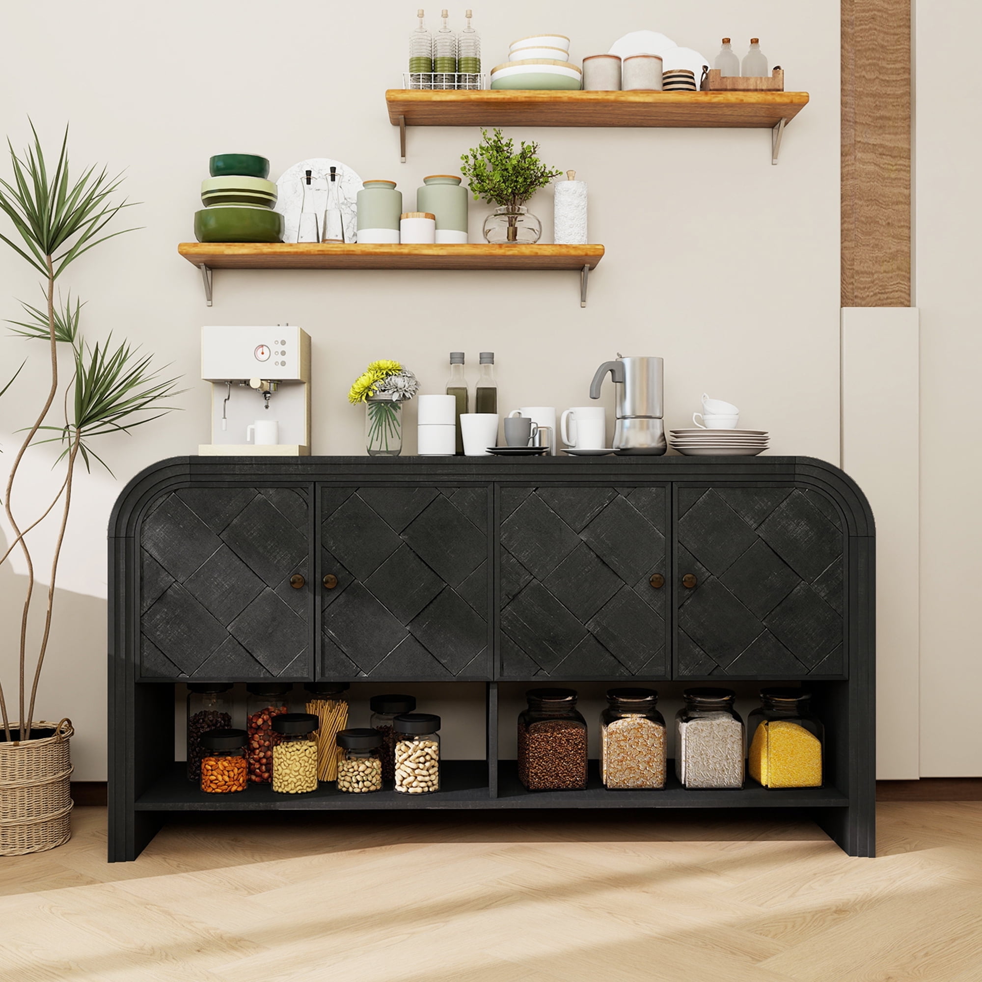 MDQMD 59.8''Curved Buffet Cabinet with 4 Doors for Kitchen,Black ...