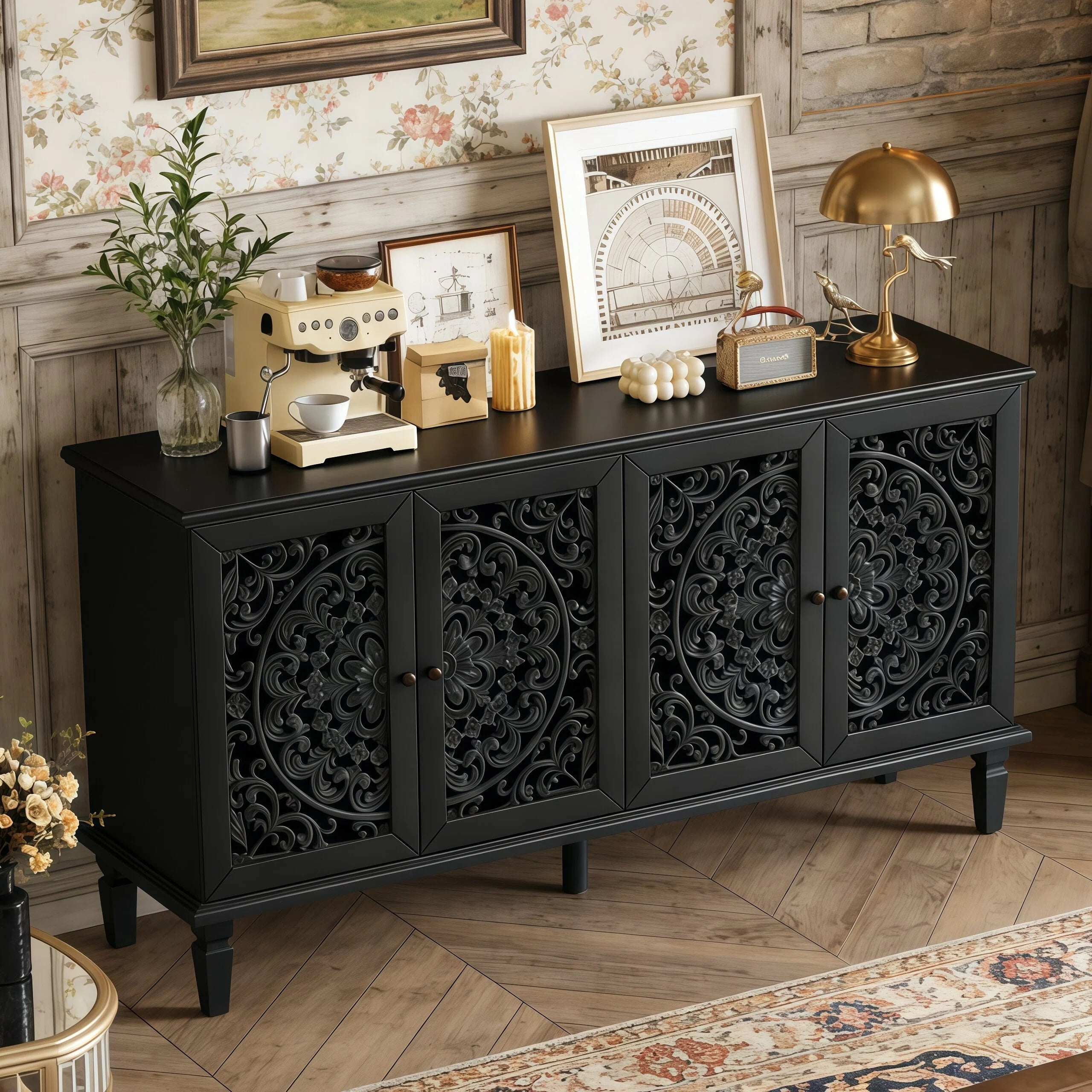 MDQMD 60"Black Sideboard Buffet Cabinet,4 Door Storage Cabinet with ...