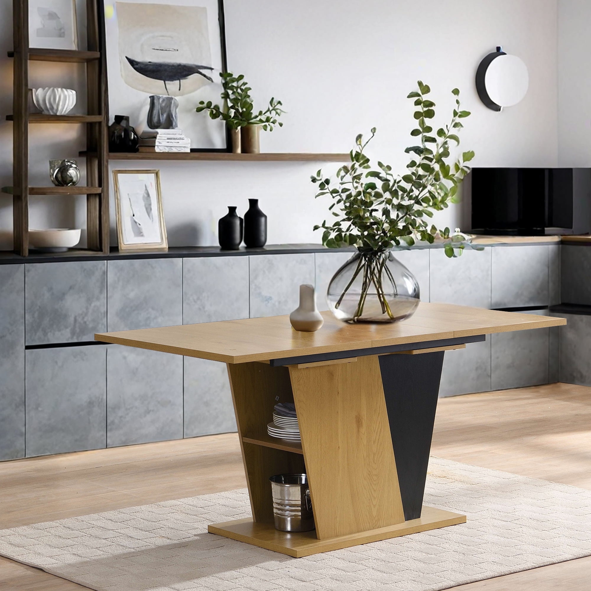 MDQMD 61.81" Extendable Dining Table with Storage Natural Wood & Black ...