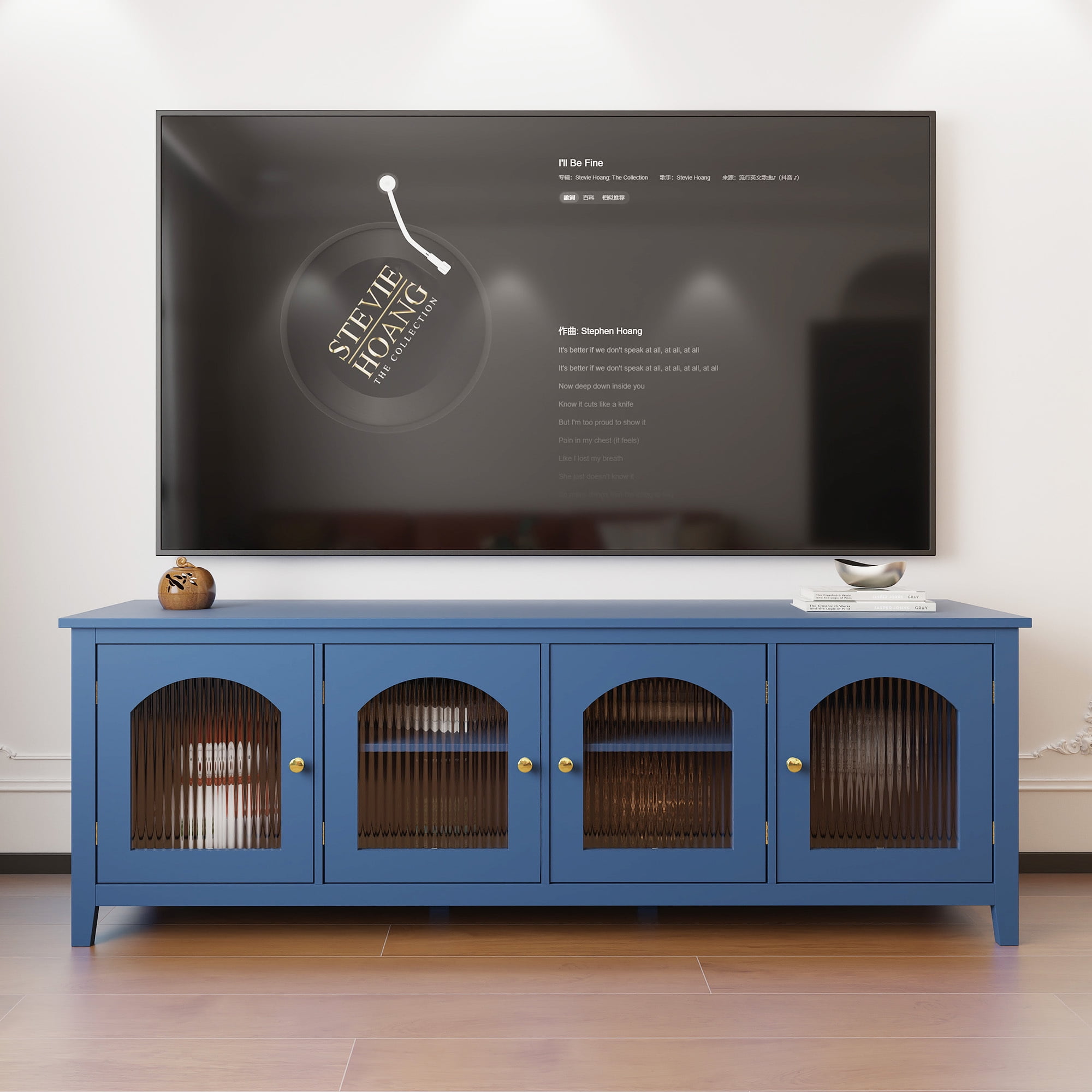 MDQMD 71-inch Antique Blue TV Media Console with 4 Arched Glass Doors ...