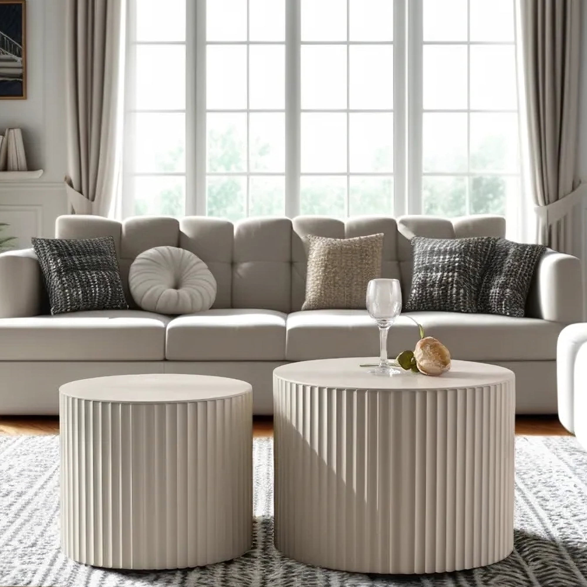 MDQMD Beige Drum Nesting Coffee Table Set of 2, Modern Wave Stripe Side ...