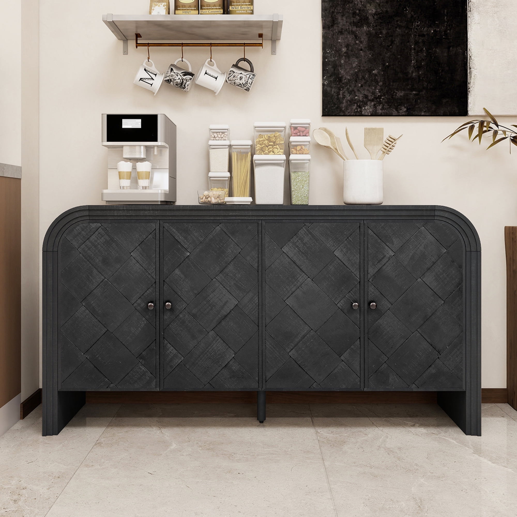 MDQMD Black Curved Buffet Cabinet with 4 Doors and Adjustable Shelves ...