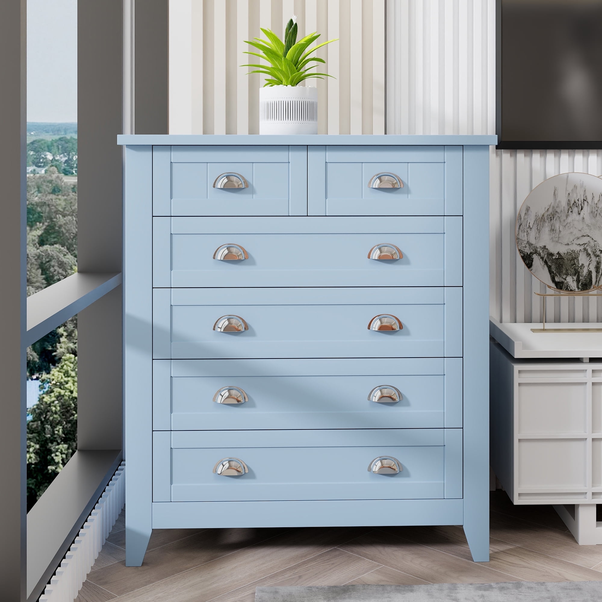 MDQMD Blue 6 Drawer Tall Dresser for Bedroom - Retro Style with Shell ...