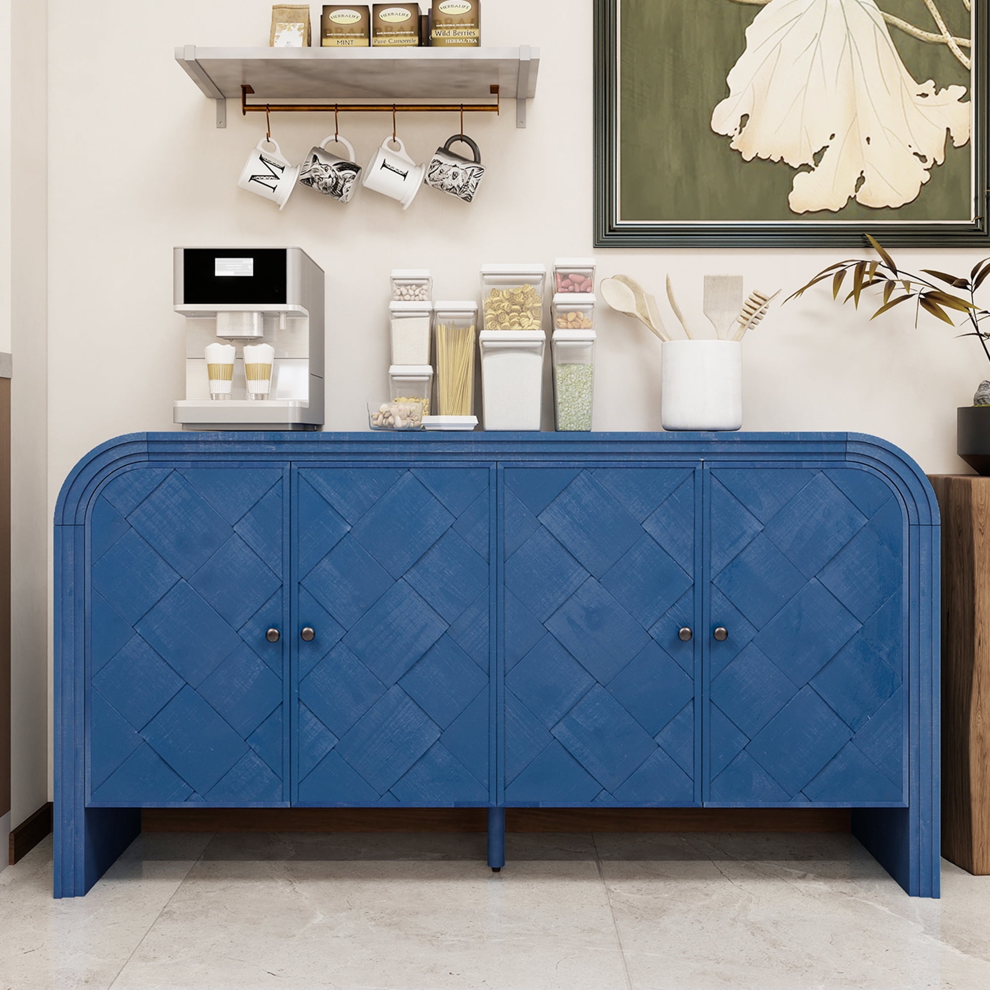 MDQMD Blue Curved Buffet Cabinet with 4 Doors and Adjustable Shelves ...