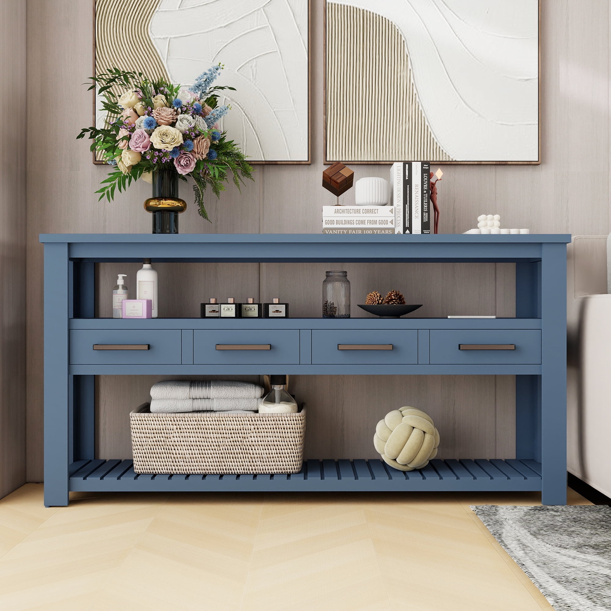 MDQMD Console Table with 4 Drawers and Storage Shelves for Living Room ...