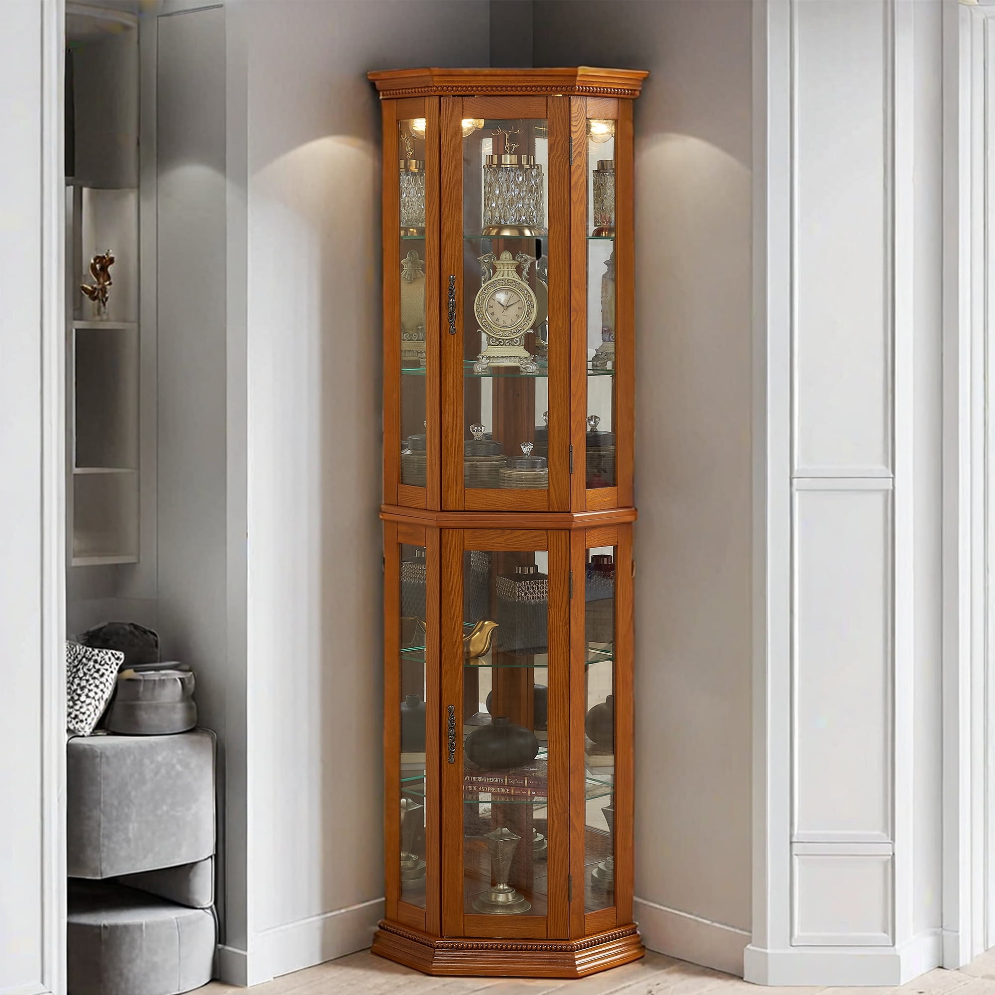 MDQMD Corner Cabinet with Vintage Handle for Living Room,Glass Door ...