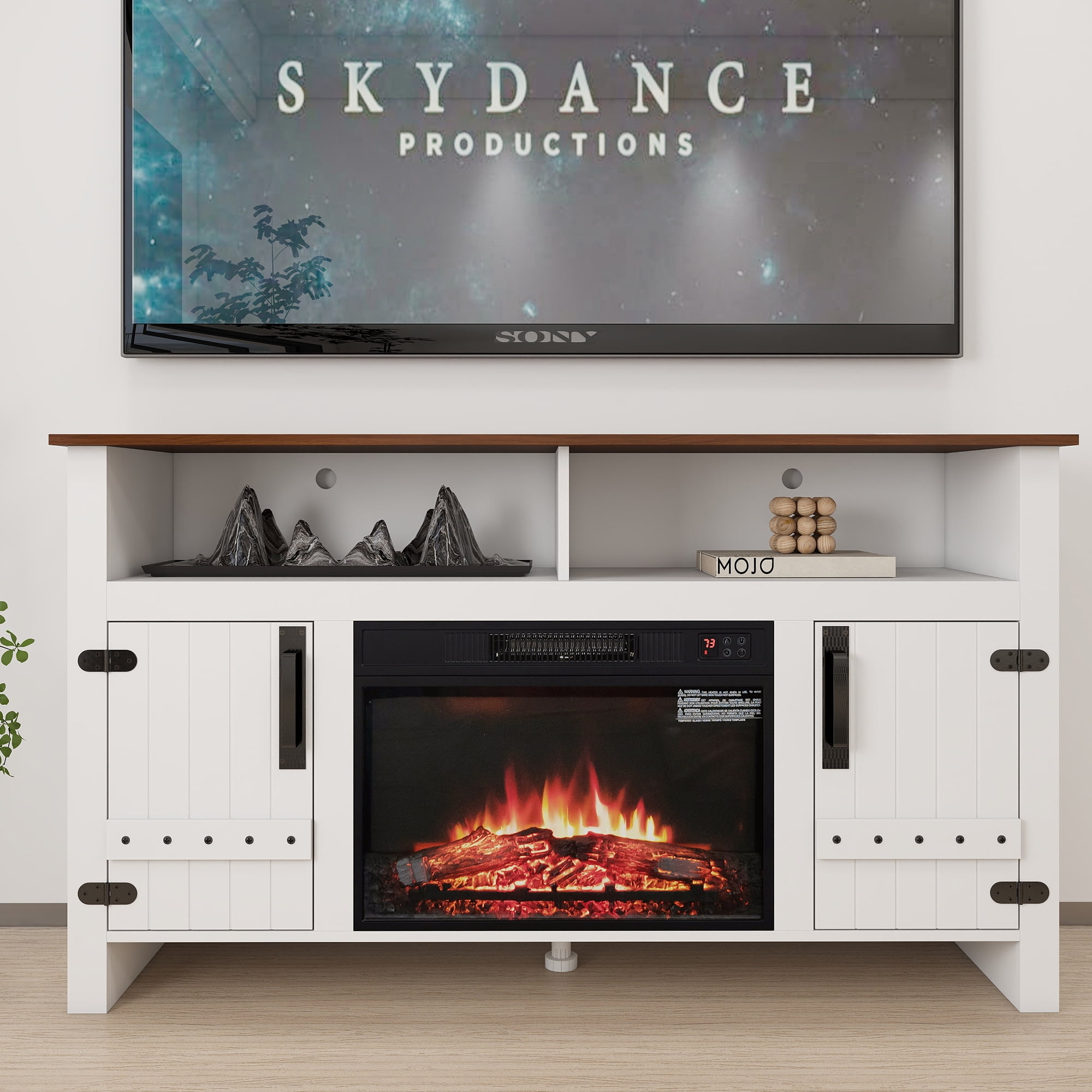 MDQMD Farmhouse TV Stand With Fireplace, White 2 Door 57 Inch TV ...