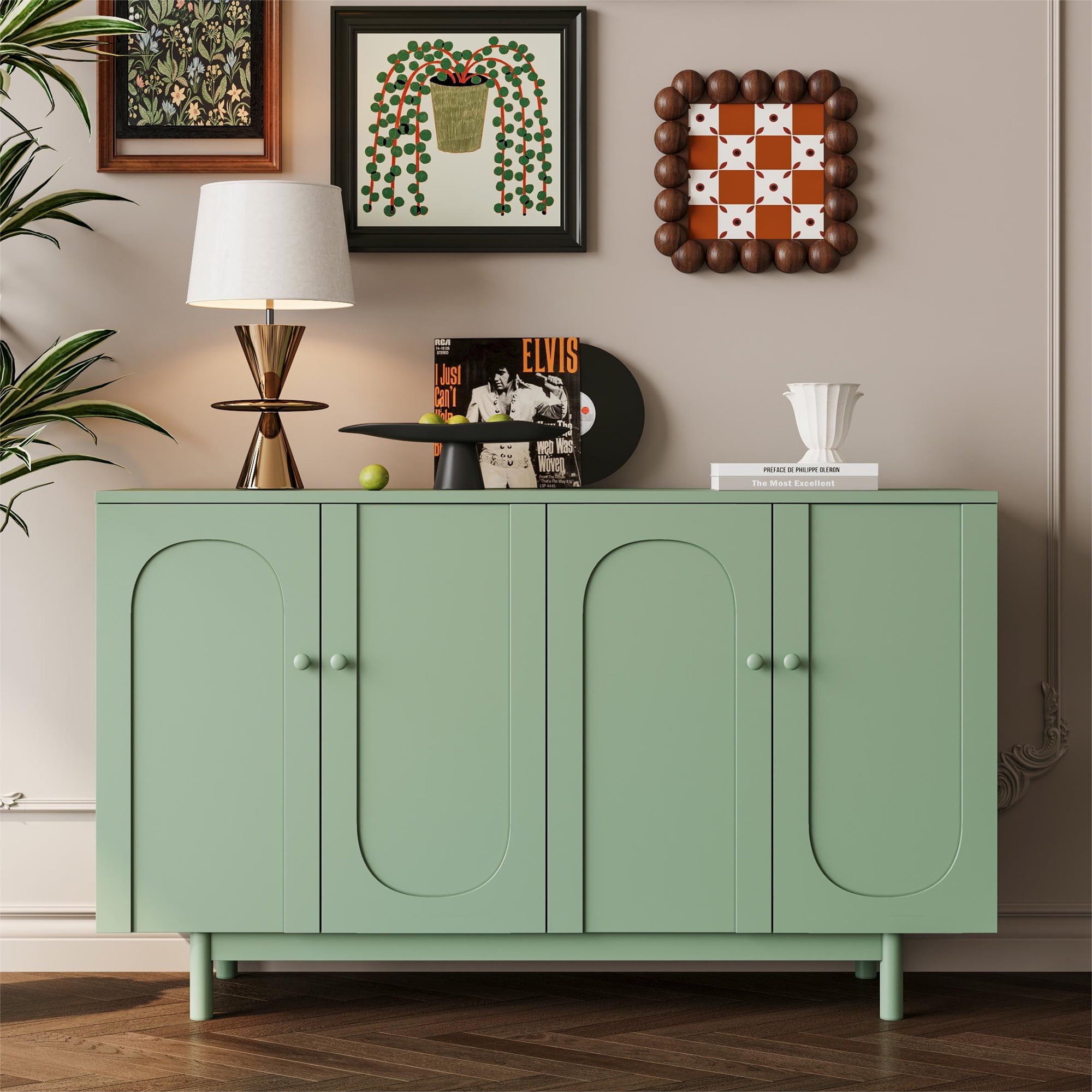 MDQMD Modern Mint Green Storage Buffet Cabinet with 4 Doors Solid Wood ...