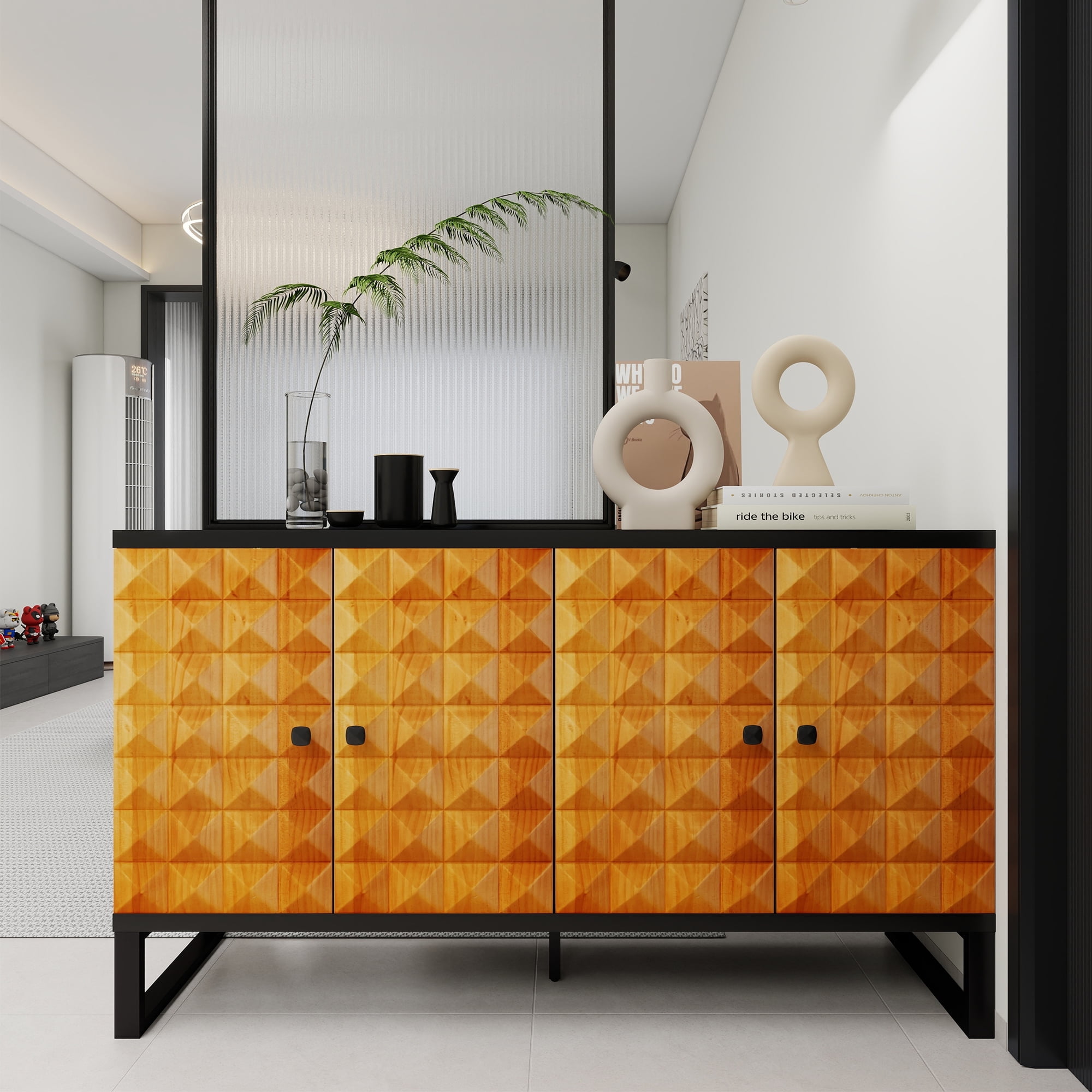 MDQMD Modern Sideboard with 4 Solid Wood Doors and Adjustable Shelves,Orange Geometry Buffet ...