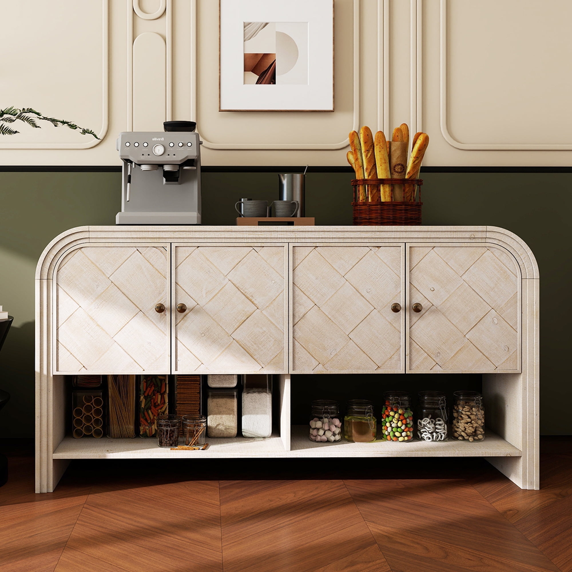 MDQMD Natural Wood Curved Buffet Cabinet with 4 Door and Open Shelf for ...