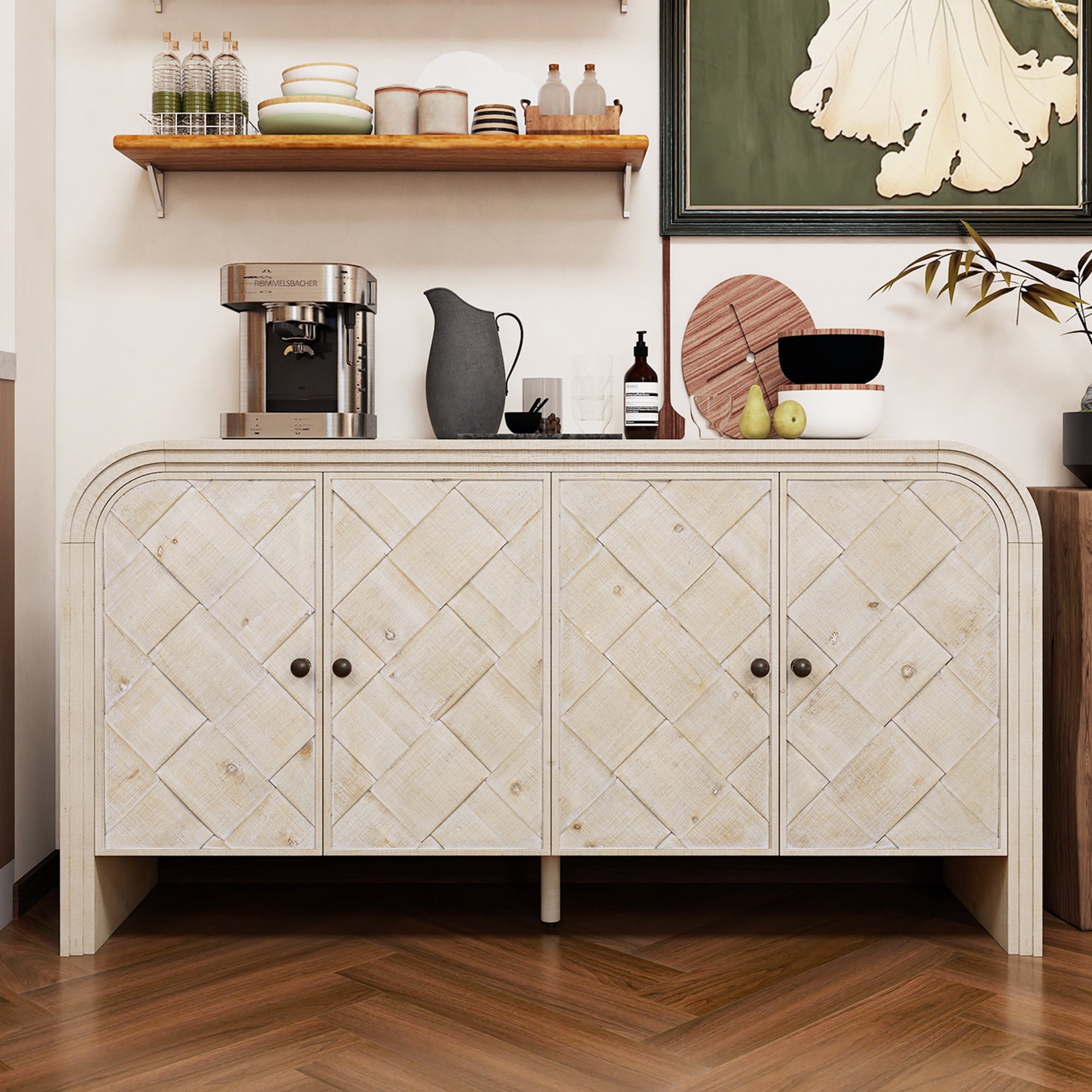 MDQMD Natural Wood Curved Buffet Cabinet with 4 Doors and Adjustable ...