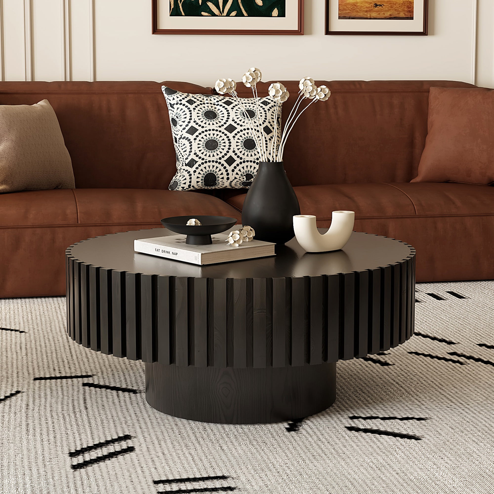 MDQMD Round Coffee Table Handcrafted Relief Sturdy Pedestal Wooden ...