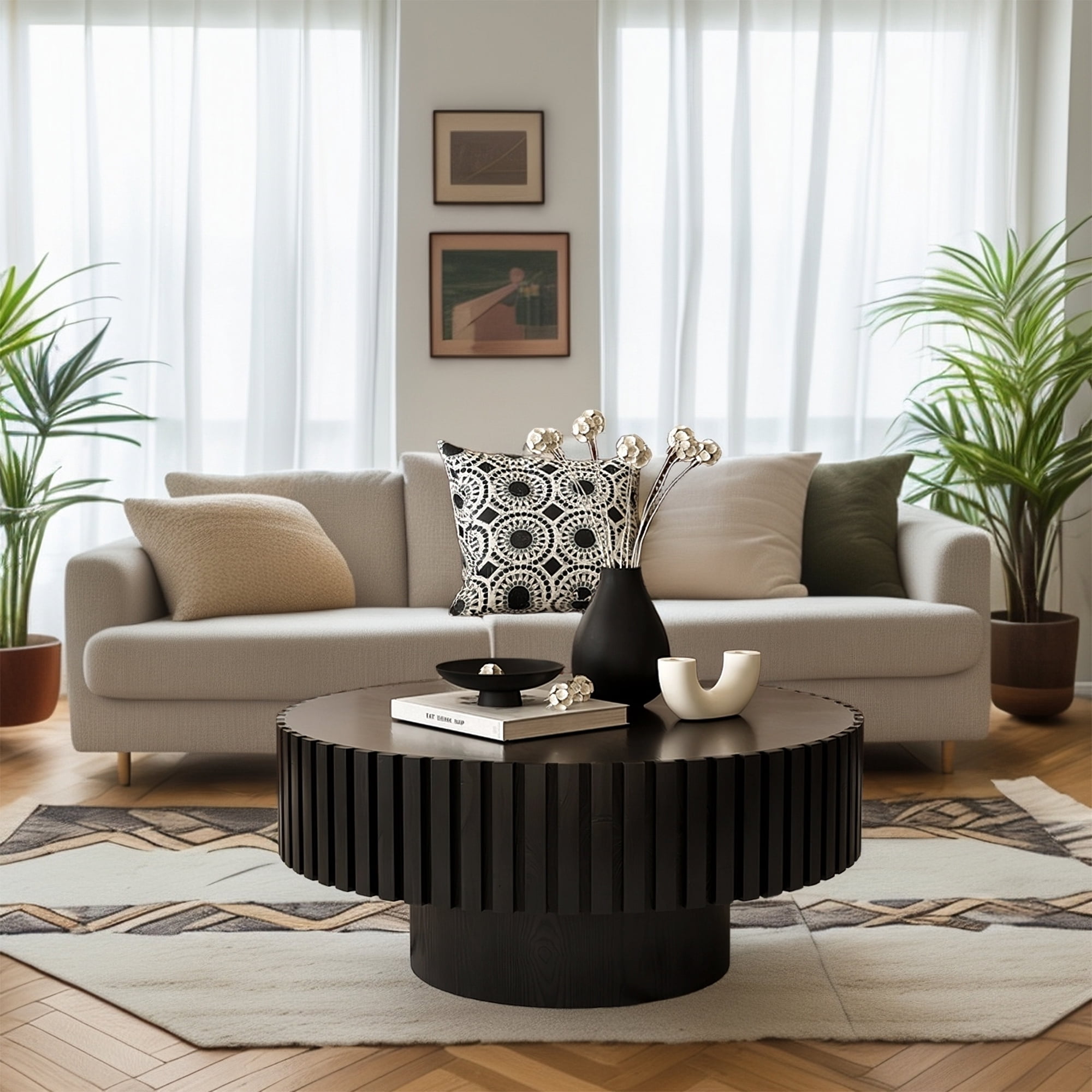 MDQMD Round Coffee Table Handcrafted Relief Sturdy Pedestal Wooden ...