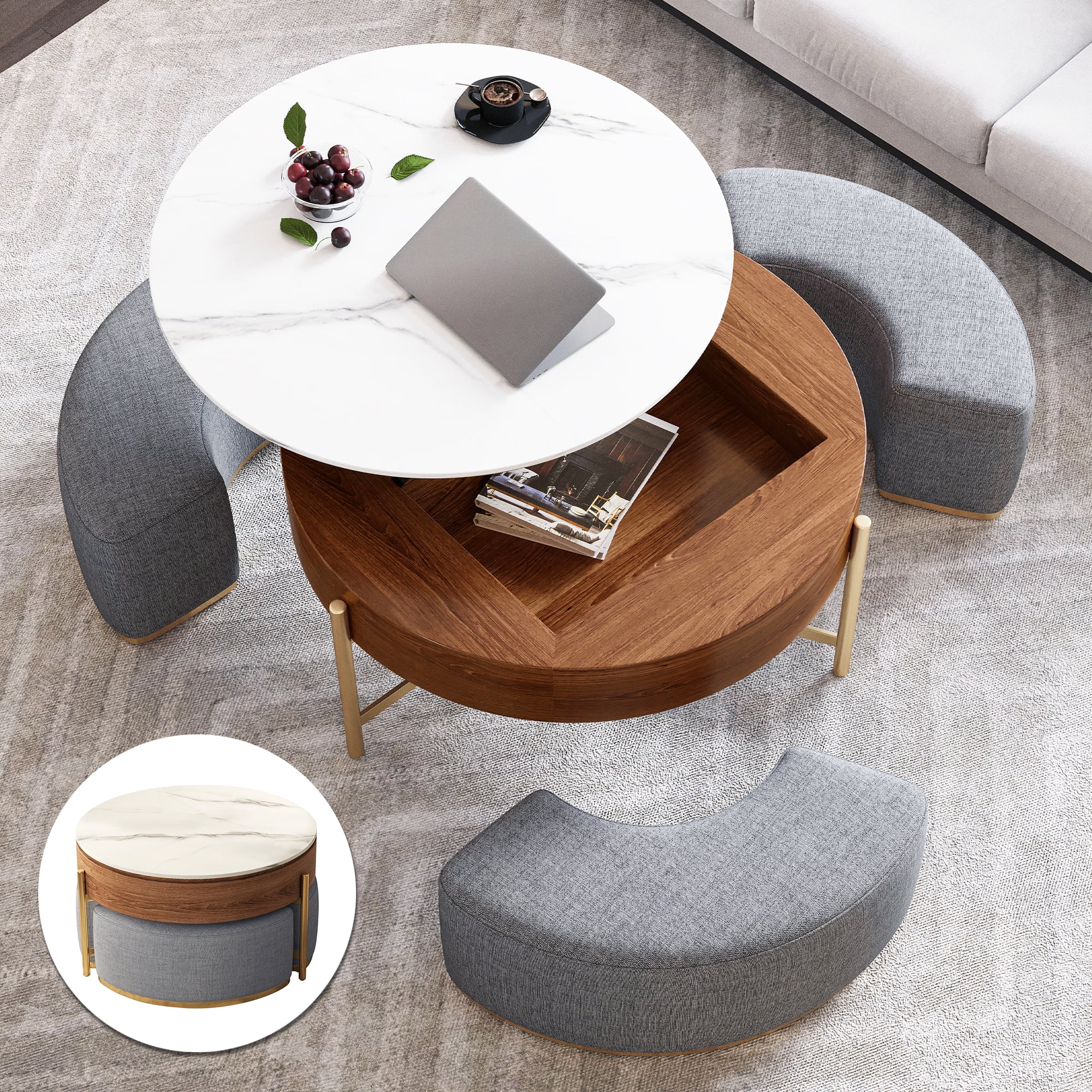 MDQMD Round Coffee Table with Lift Top & 3 Stools, White Faux Marble ...